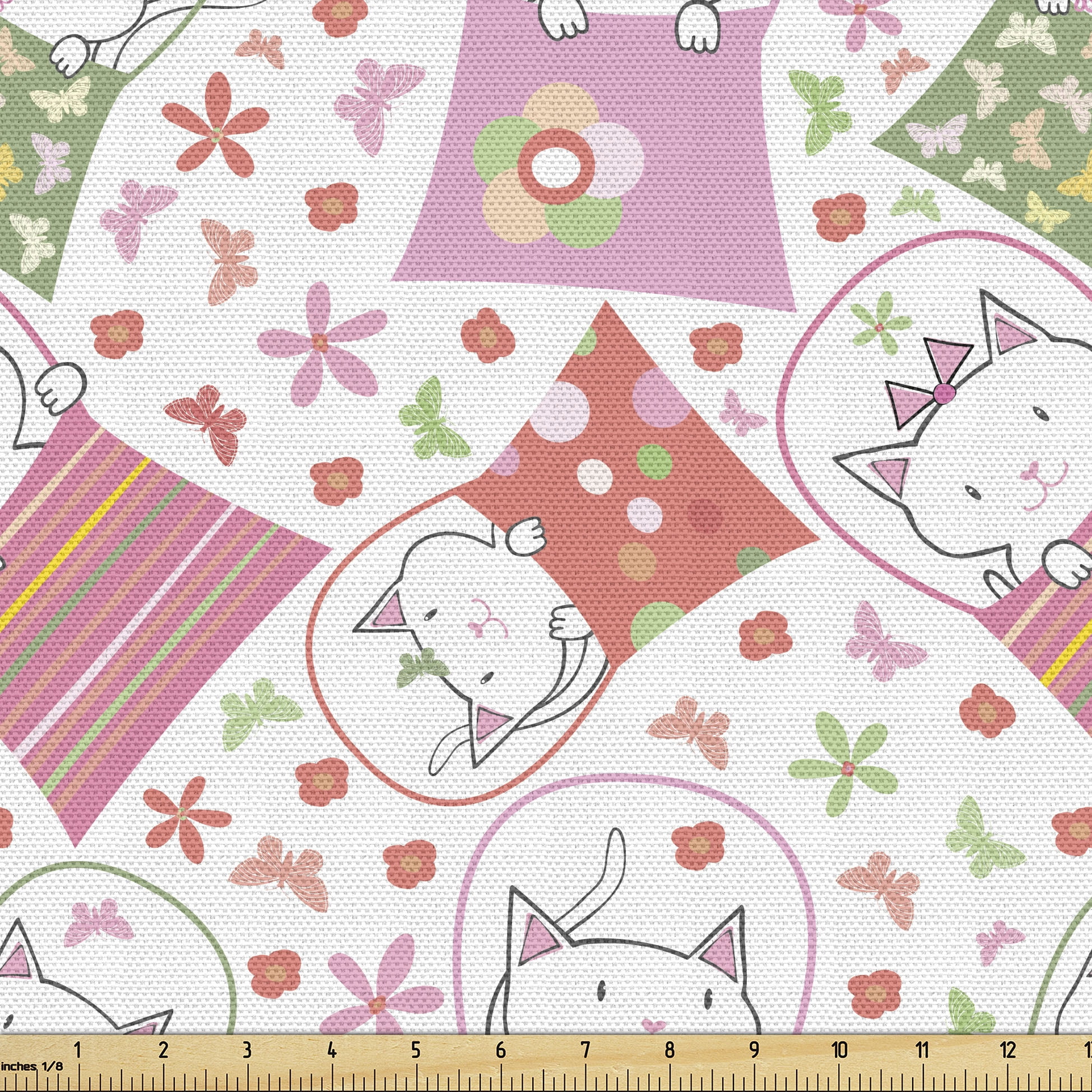 Ambesonne Cat Fabric by the Yard Upholstery, Cartoon Kitten in a Basket ...