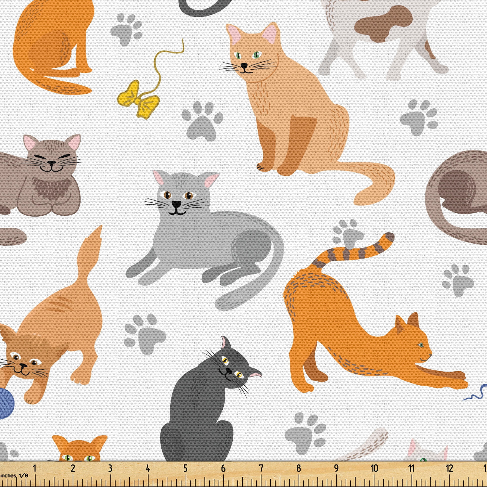 Ambesonne Cat Fabric by the Yard Upholstery, Cartoon Kittens and Paw ...