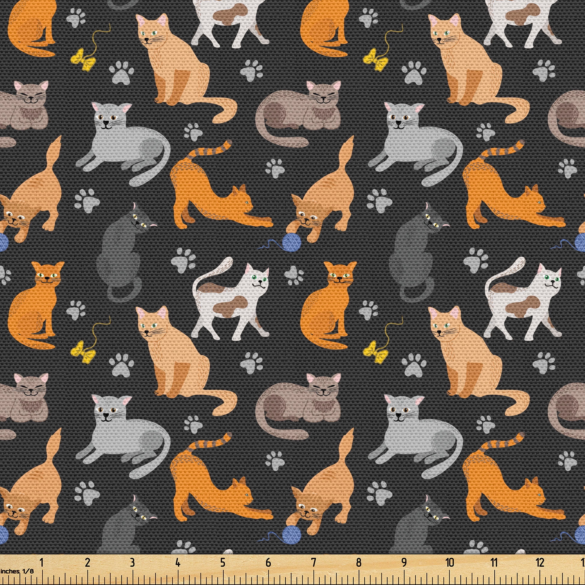 Ambesonne Cat Fabric by the Yard Upholstery, Cartoon Pets and Paw ...