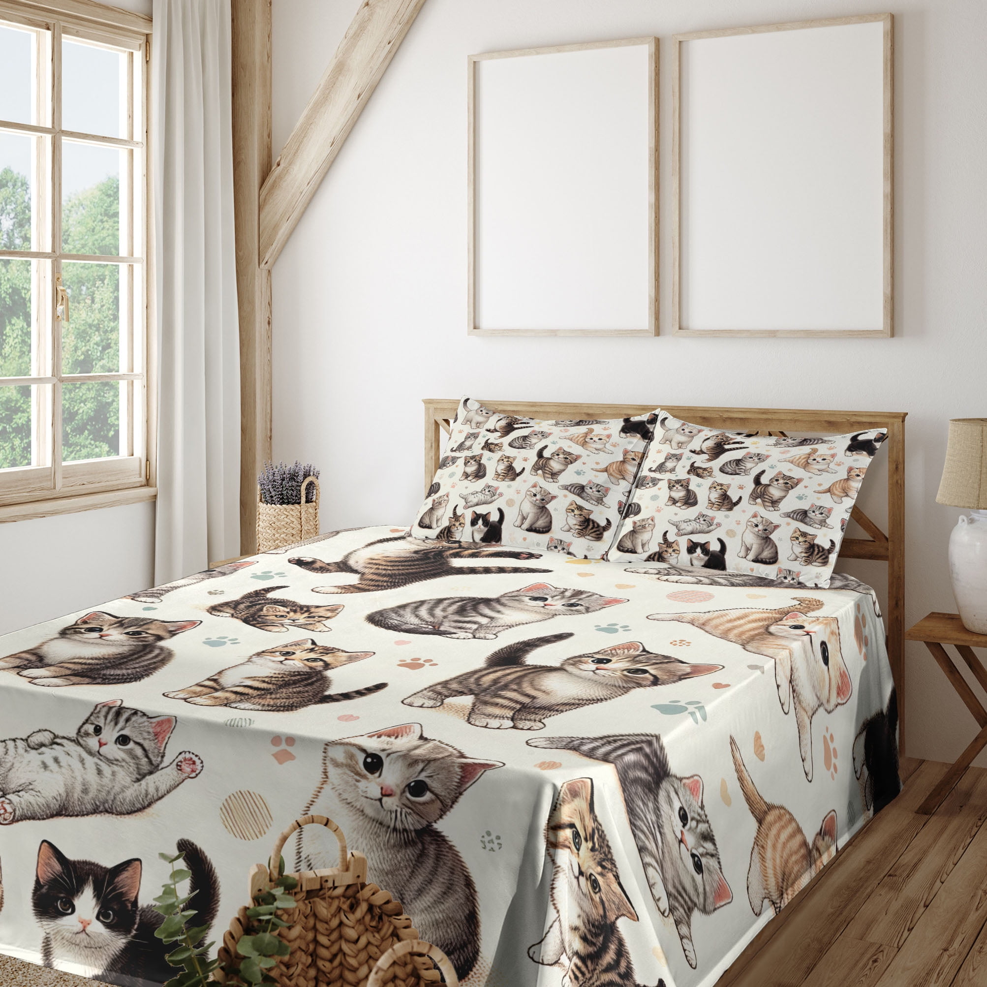 Ambesonne Cat Fitted & Top Sheet Set with Sham, Little Kittens Playful ...