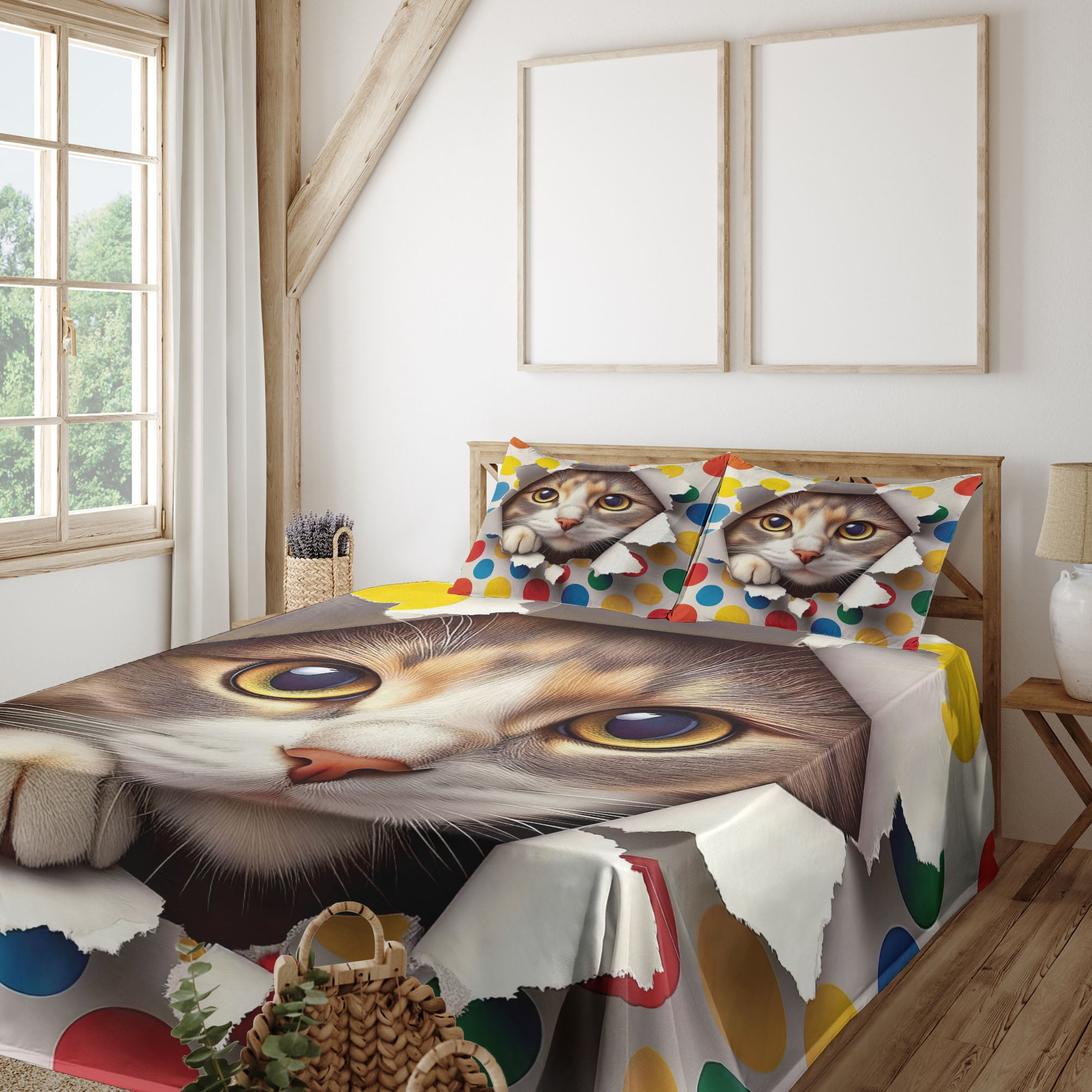 Ambesonne Cat Fitted & Top Sheet Set with Sham, Mischief Kitty Peaking ...