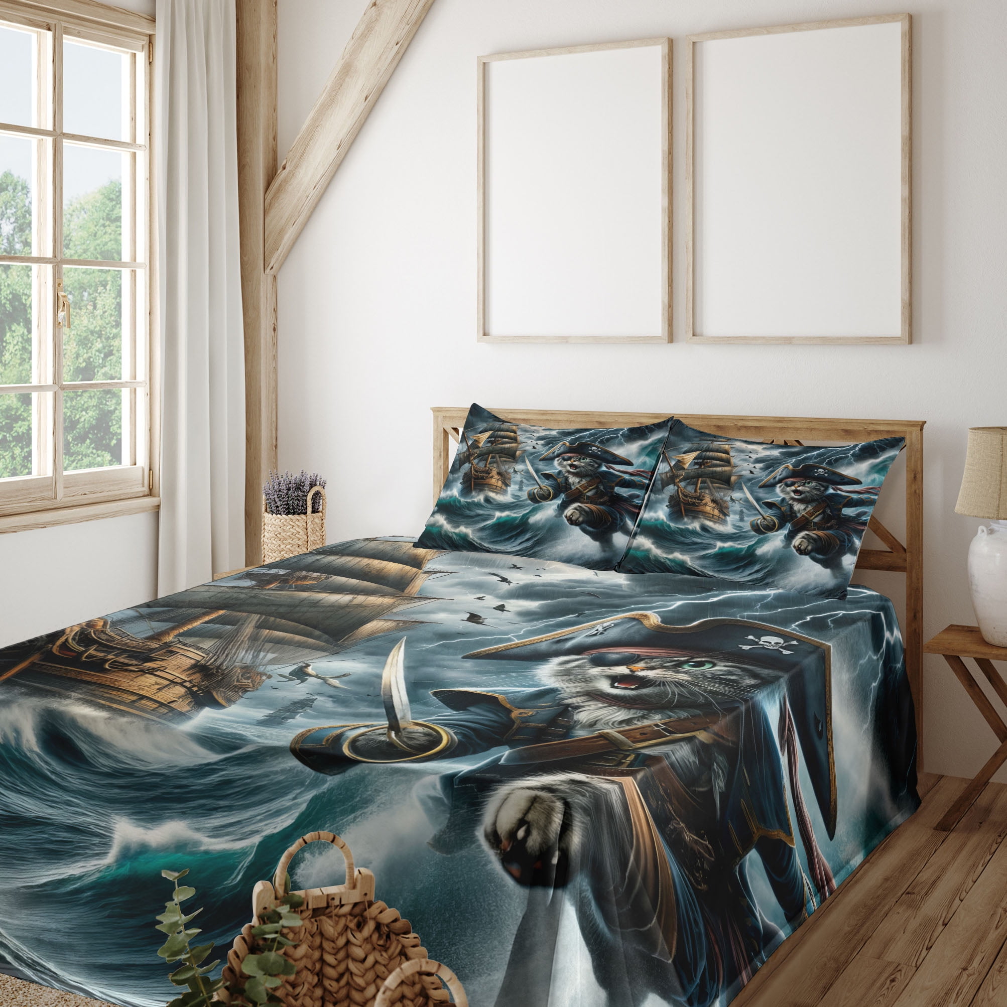 Ambesonne Cat Fitted & Top Sheet Set with Sham, Stormy Ocean Pirate ...