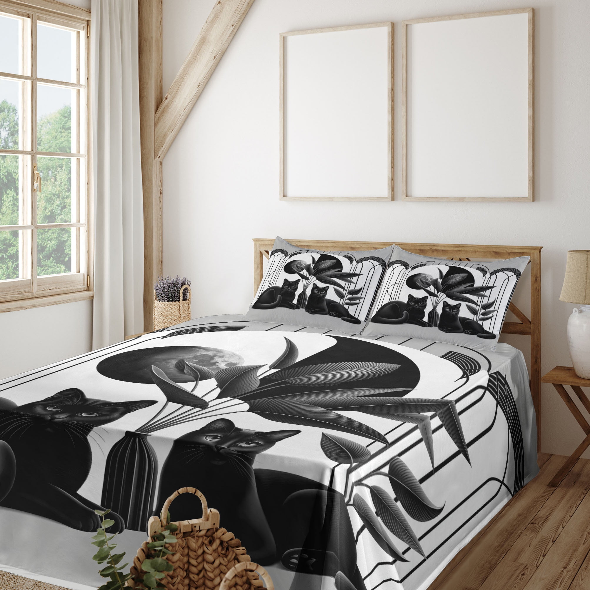 Ambesonne Cat Fitted & Top Sheet Set with Shams, Mid Century Modern ...