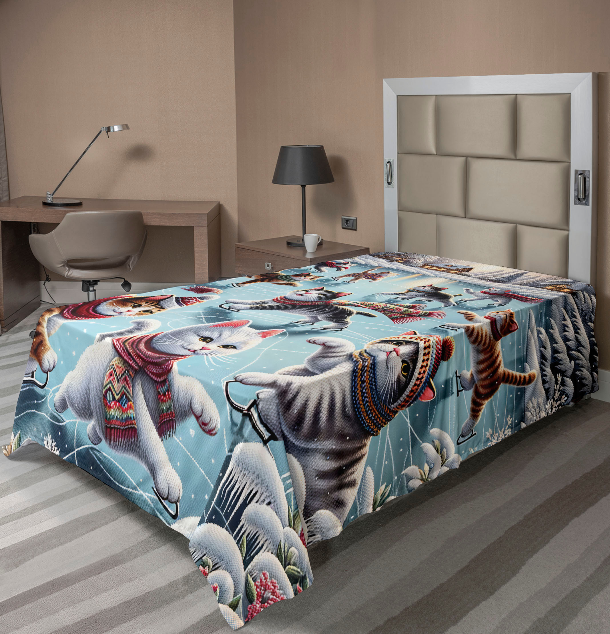 Ambesonne Cat Flat Sheet, Cottages Ice Skating Kitties, TwinXL Size ...