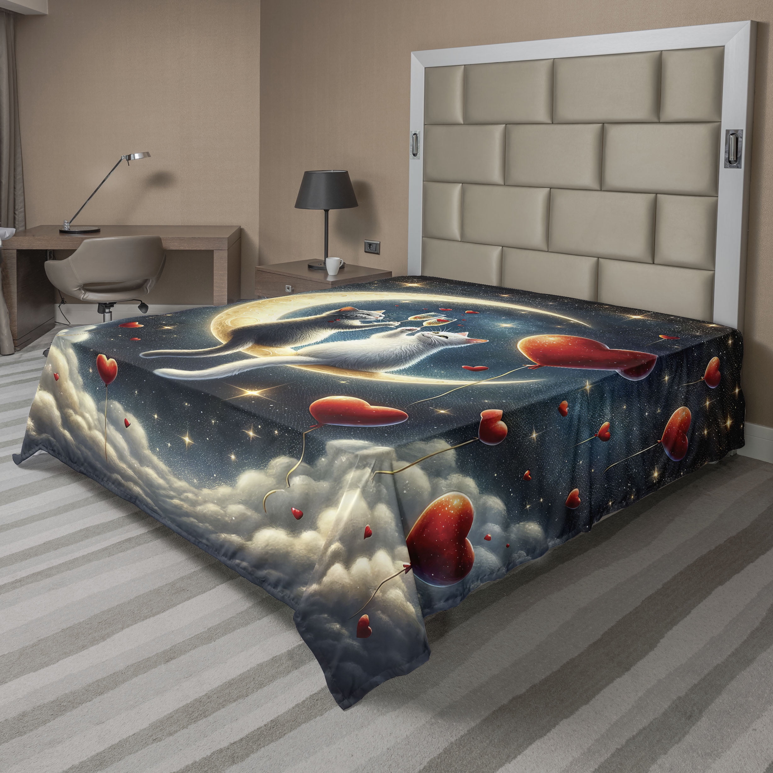 Ambesonne Cat Flat Sheet, Toasting Romantic Moon Hearts, California ...