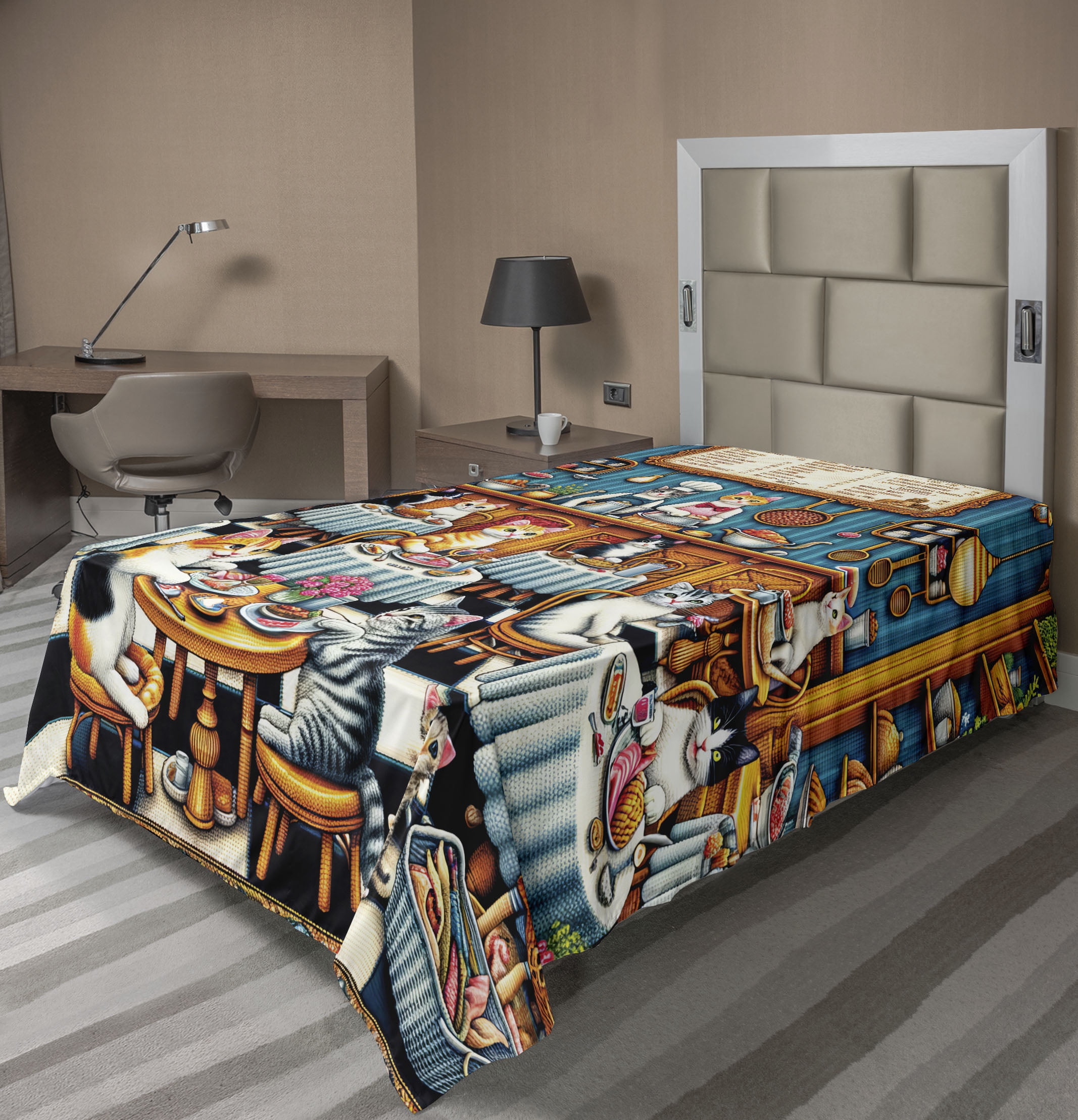 Ambesonne Cat Flat Sheet, Whimsical Restaurant Pixel Art, TwinXL Size ...