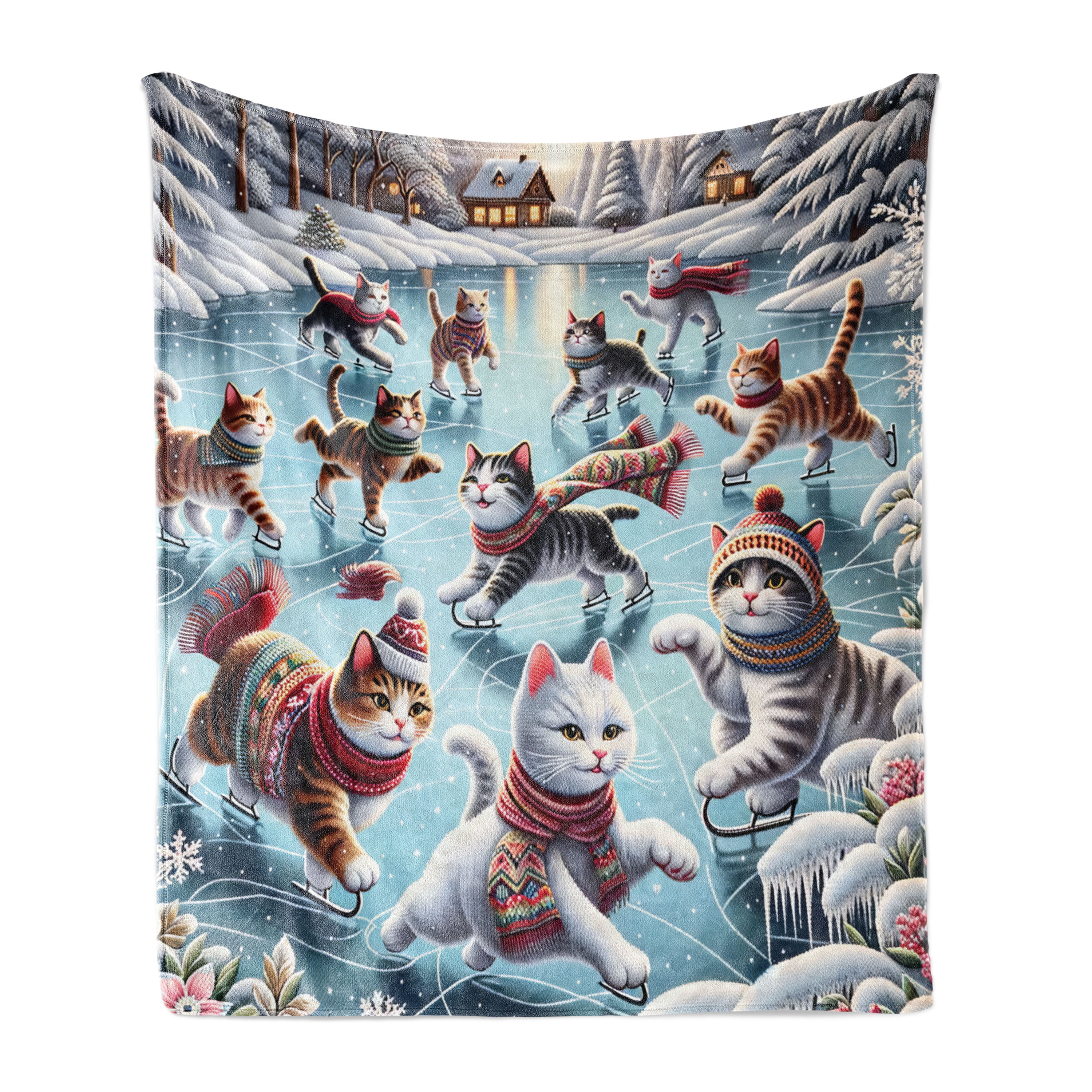 Ambesonne Cat Fleece Throw Blanket Cottages Ice Skating Kitties 50"x60 ...