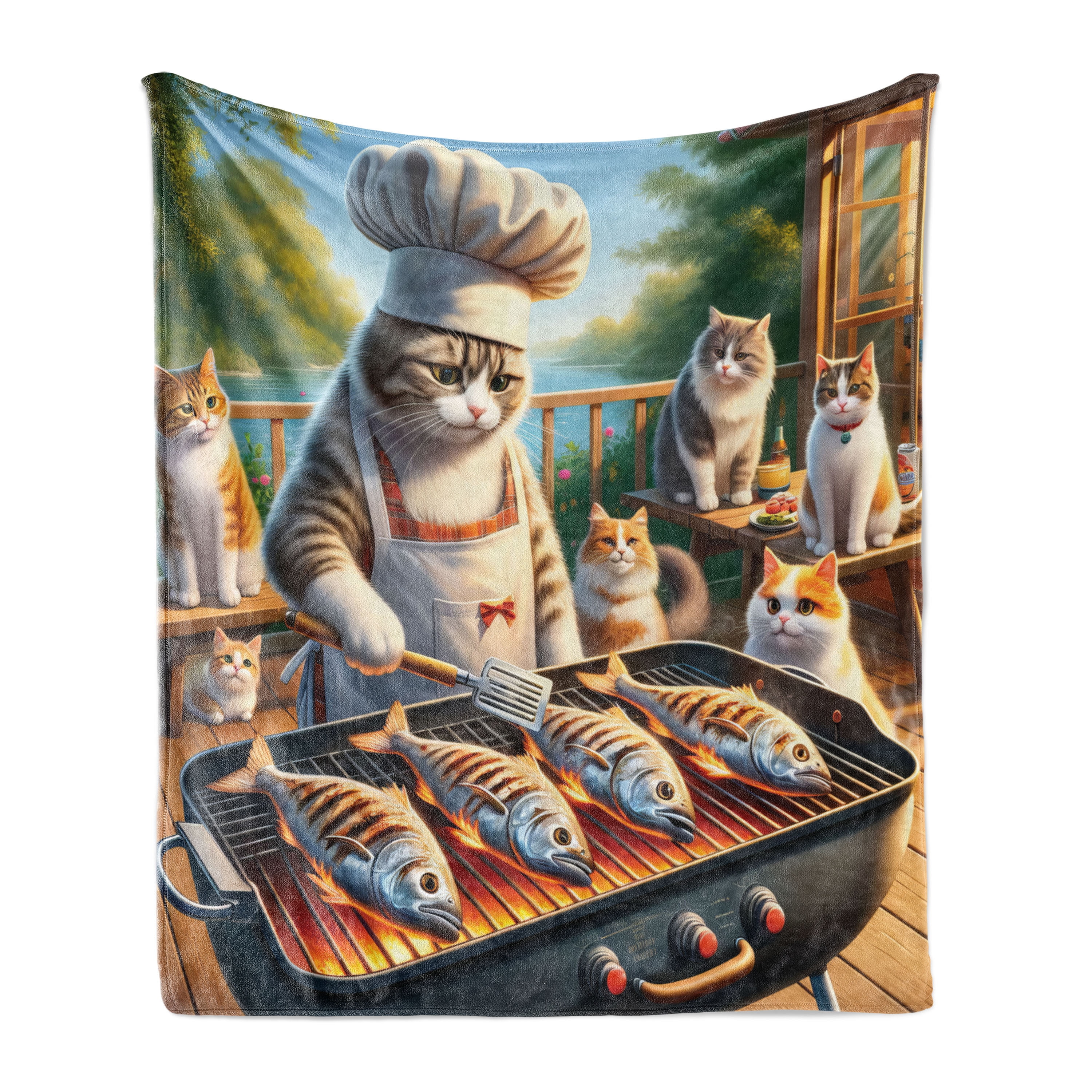 Ambesonne Cat Fleece Throw Blanket Funny Chef Kitty Grilling Fish 50 ...
