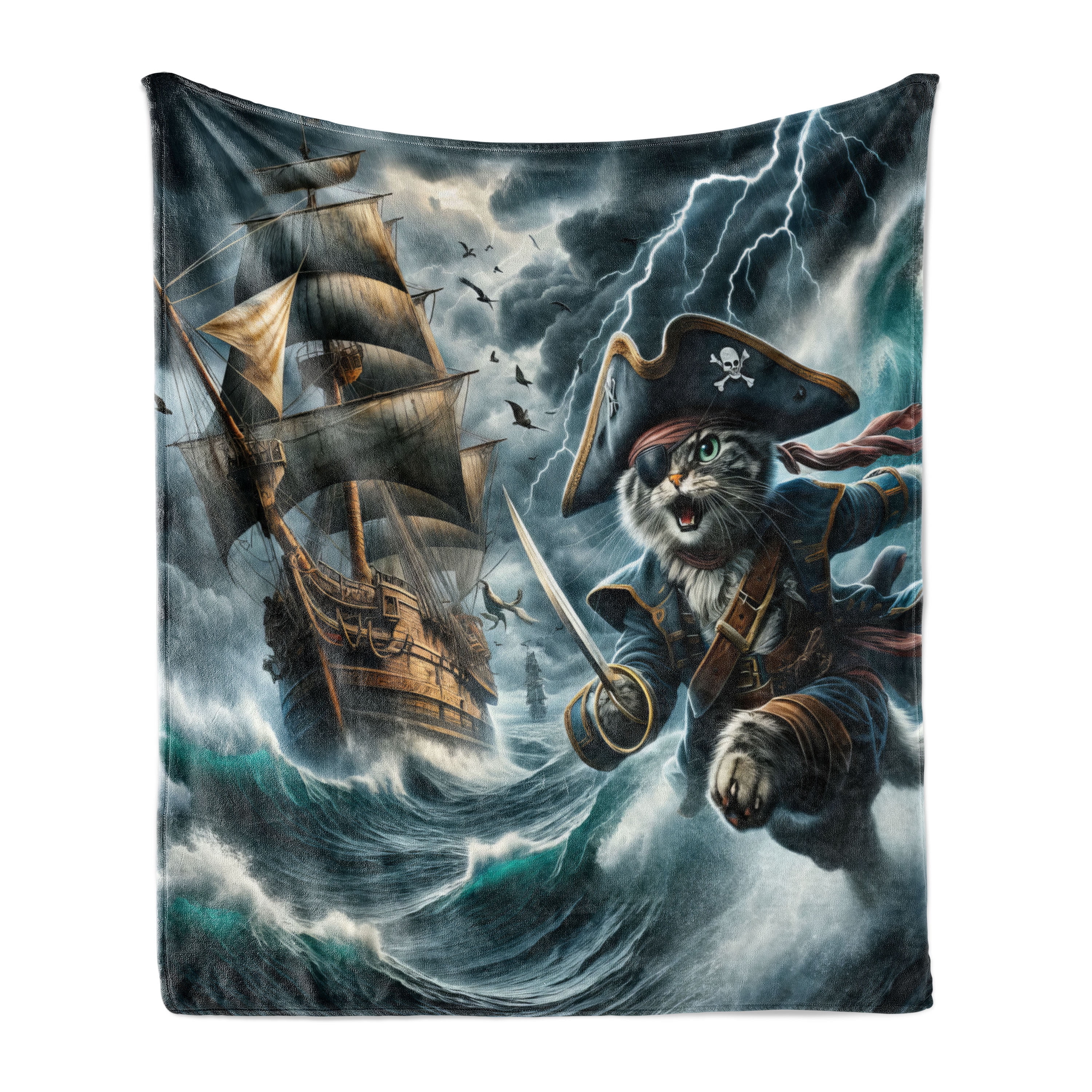 Ambesonne Cat Fleece Throw Blanket Stormy Ocean Pirate Kitty Ship 50 ...