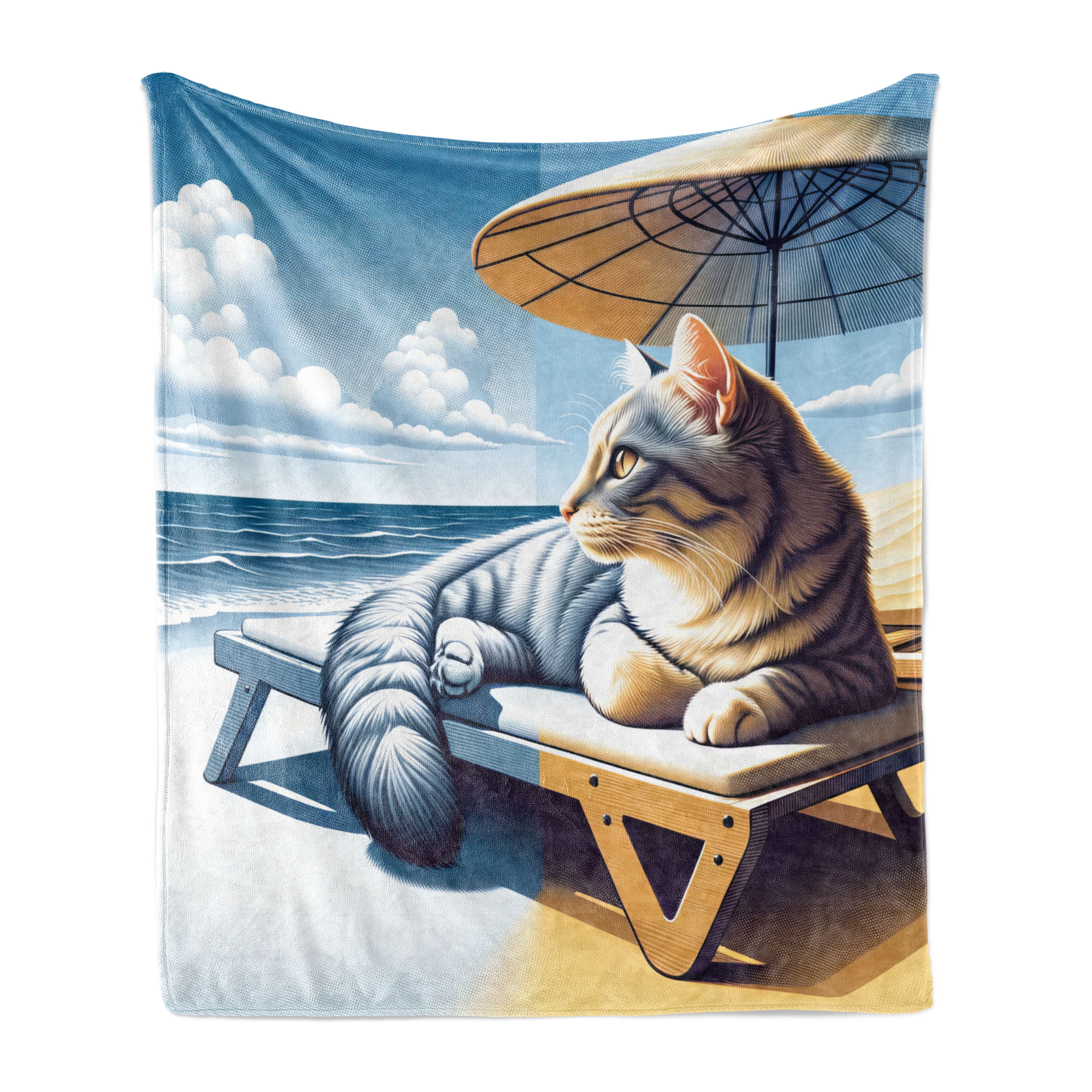 Ambesonne Cat Fleece Throw Blanket Sunbathing Kitten Seaside Shore 50 ...