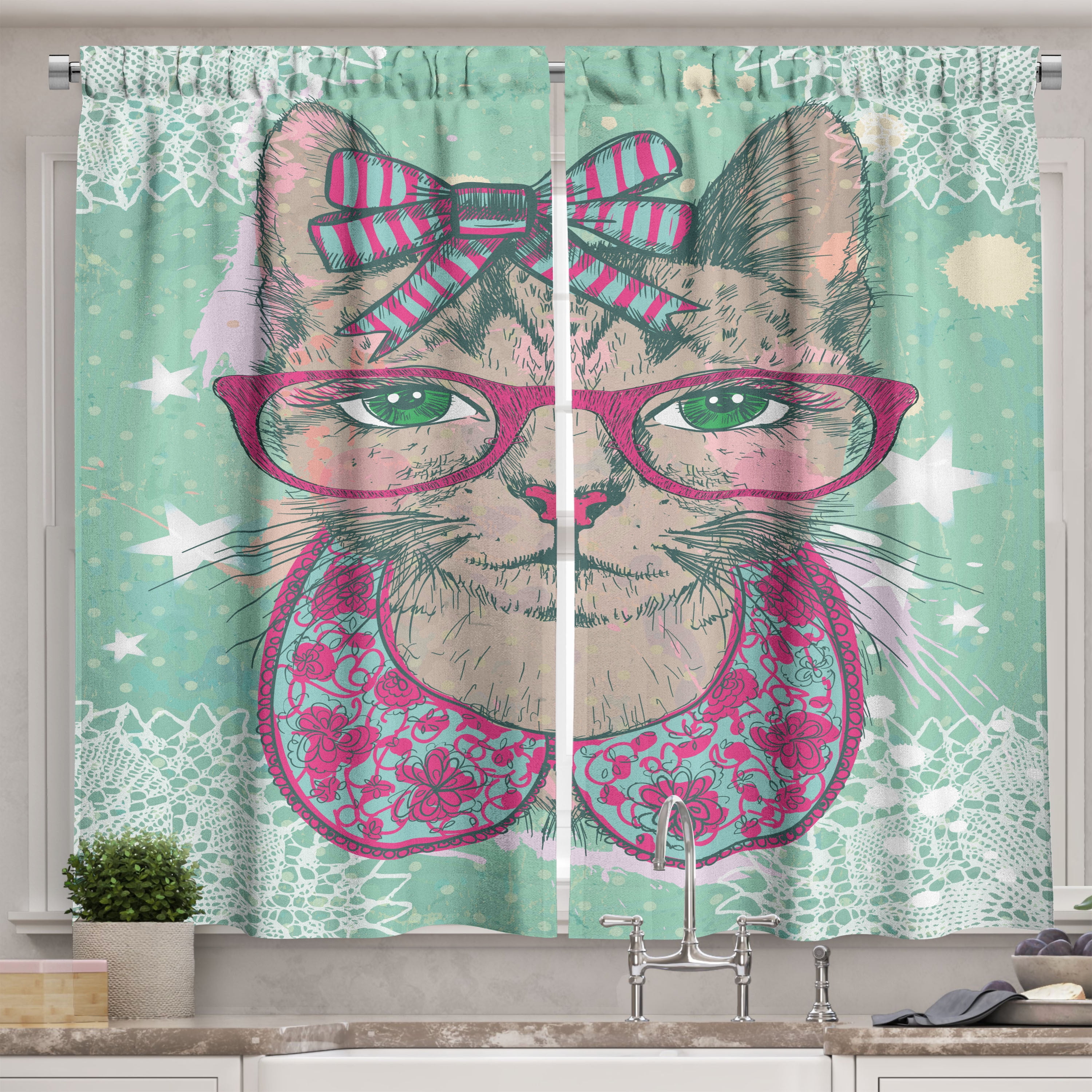 Ambesonne Cat Kitchen Curtains, Animal Fashion Hipster, 55"x39", Pink ...