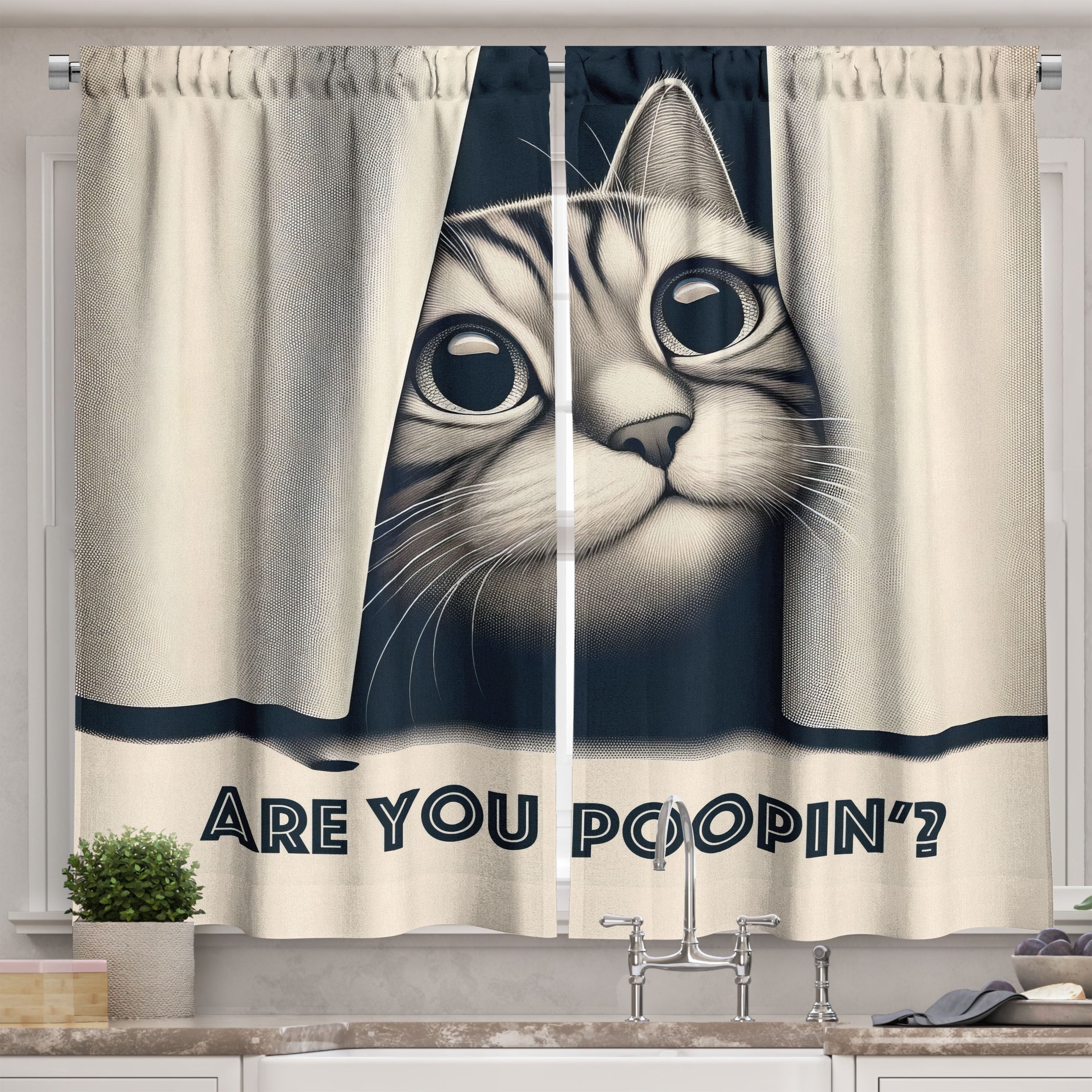 Ambesonne Cat Kitchen Curtains, Are You Poopin' Retro Funny, 55"x45 ...