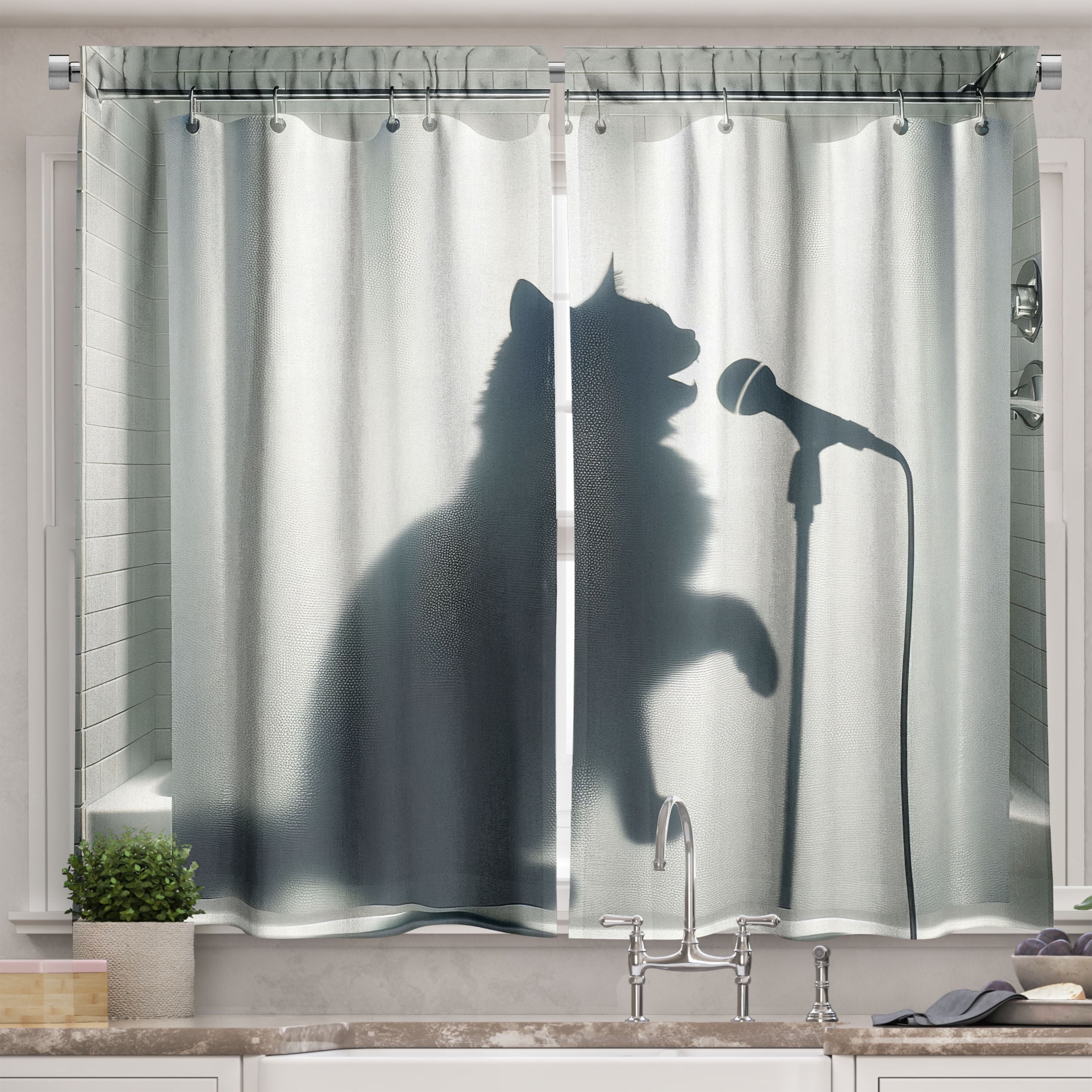 Ambesonne Cat Kitchen Curtains, Bath Shadow of a Singing Kitty, 55"x39 ...