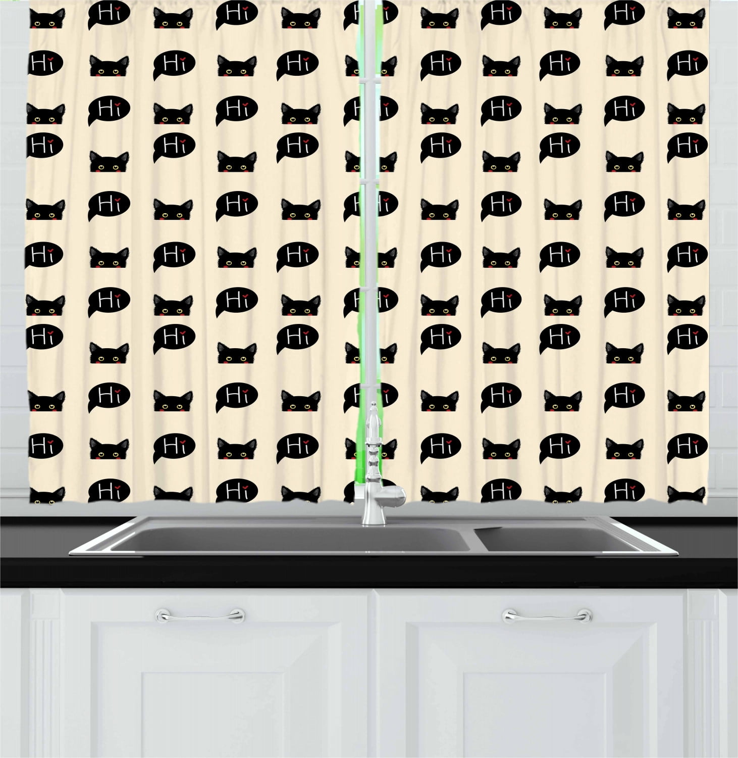 Ambesonne Cat Kitchen Curtains, Black Kitties Saying Hi, 55"x39", Ivory ...