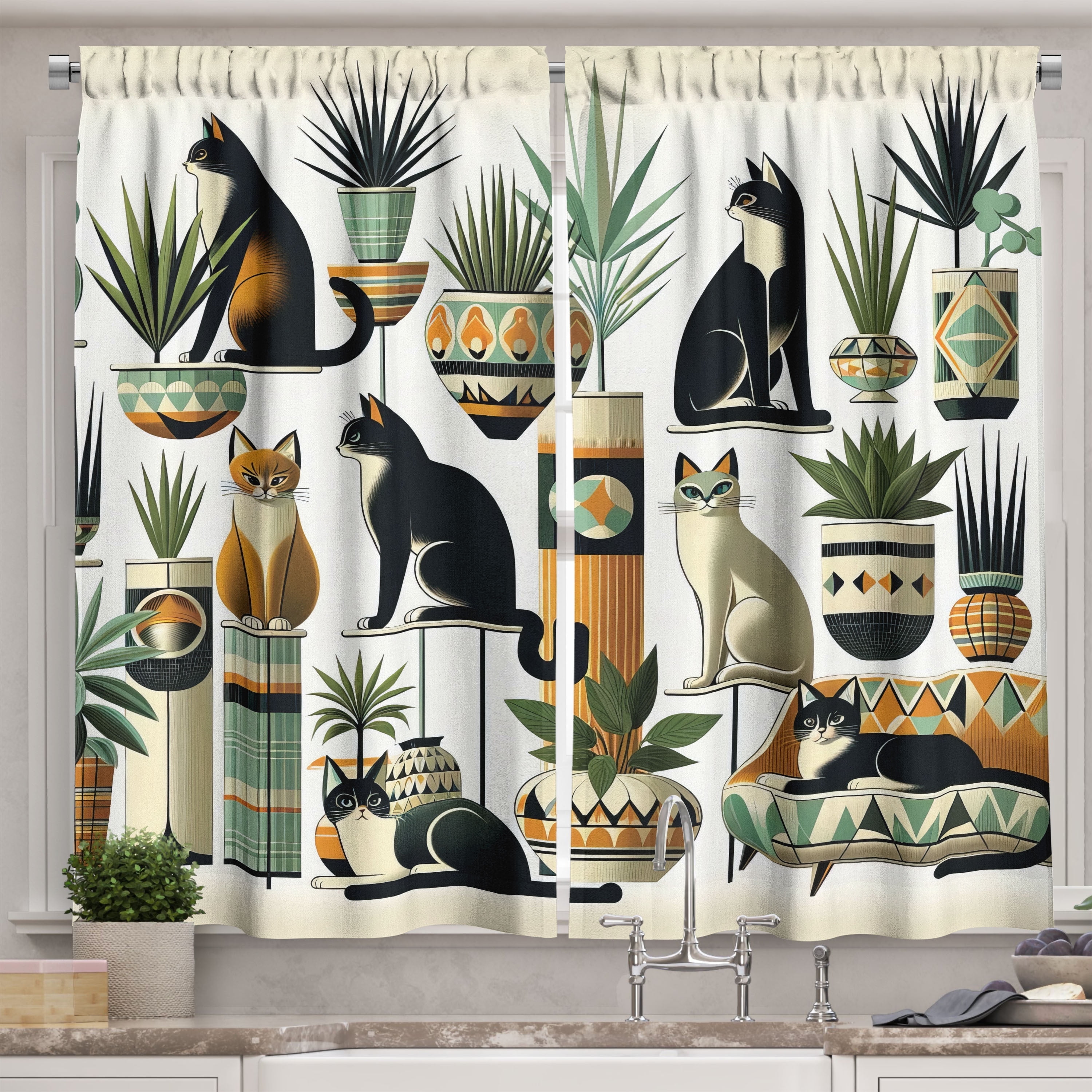 Ambesonne Cat Kitchen Curtains, Boho Ethnic Animal Botanocal, 55"x36 ...
