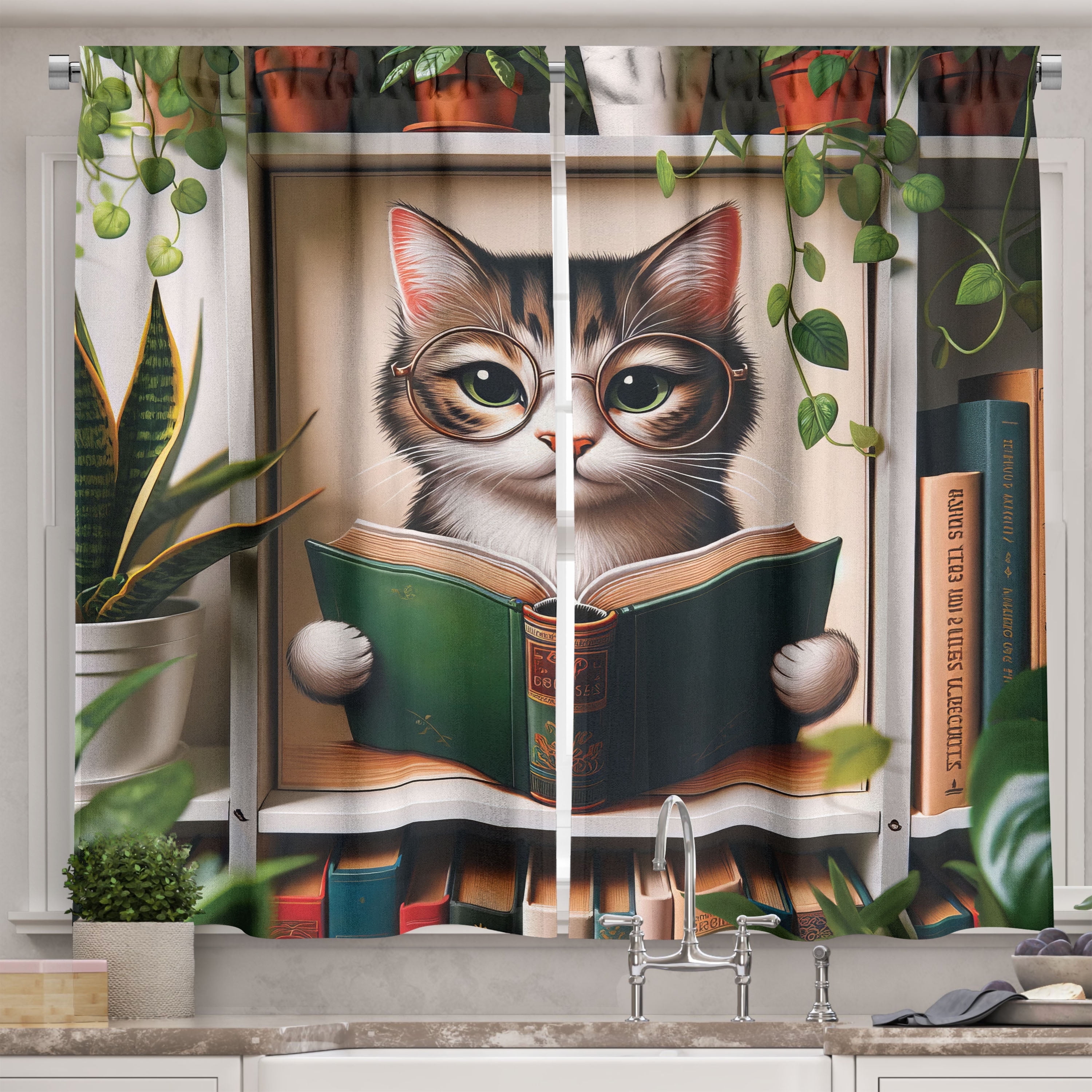 Ambesonne Cat Kitchen Curtains, Botanical Cozy Concept Bookworm, 55"x30 ...