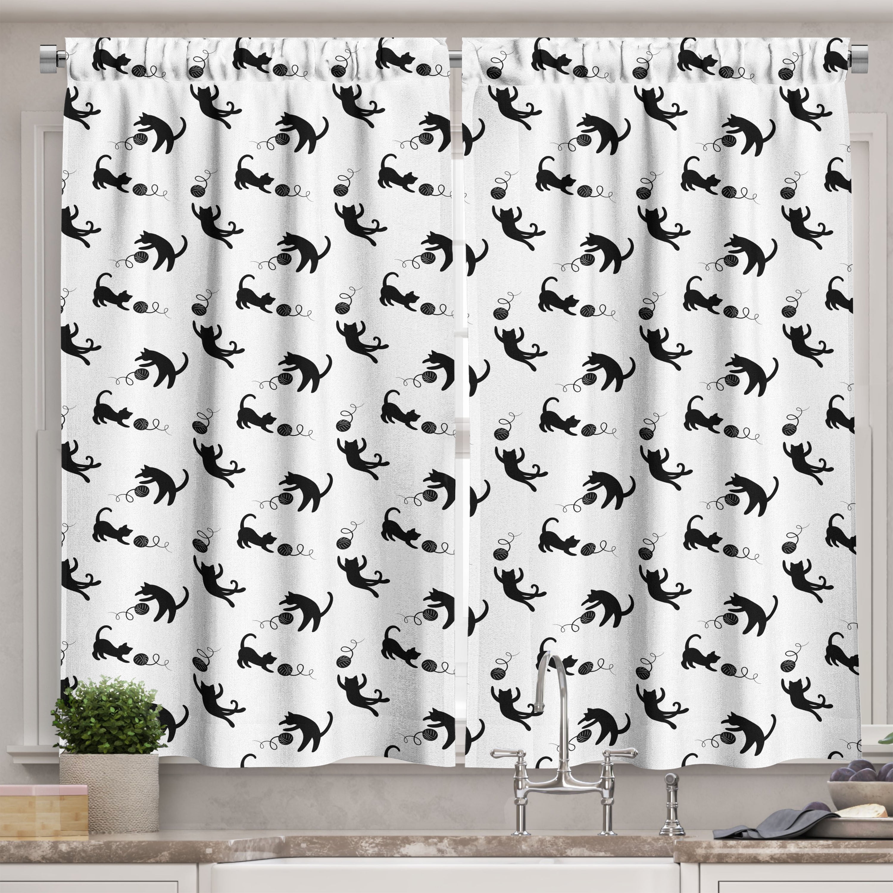 Ambesonne Cat Kitchen Curtains, Chasing After Yarn Balls, 55"x39 ...