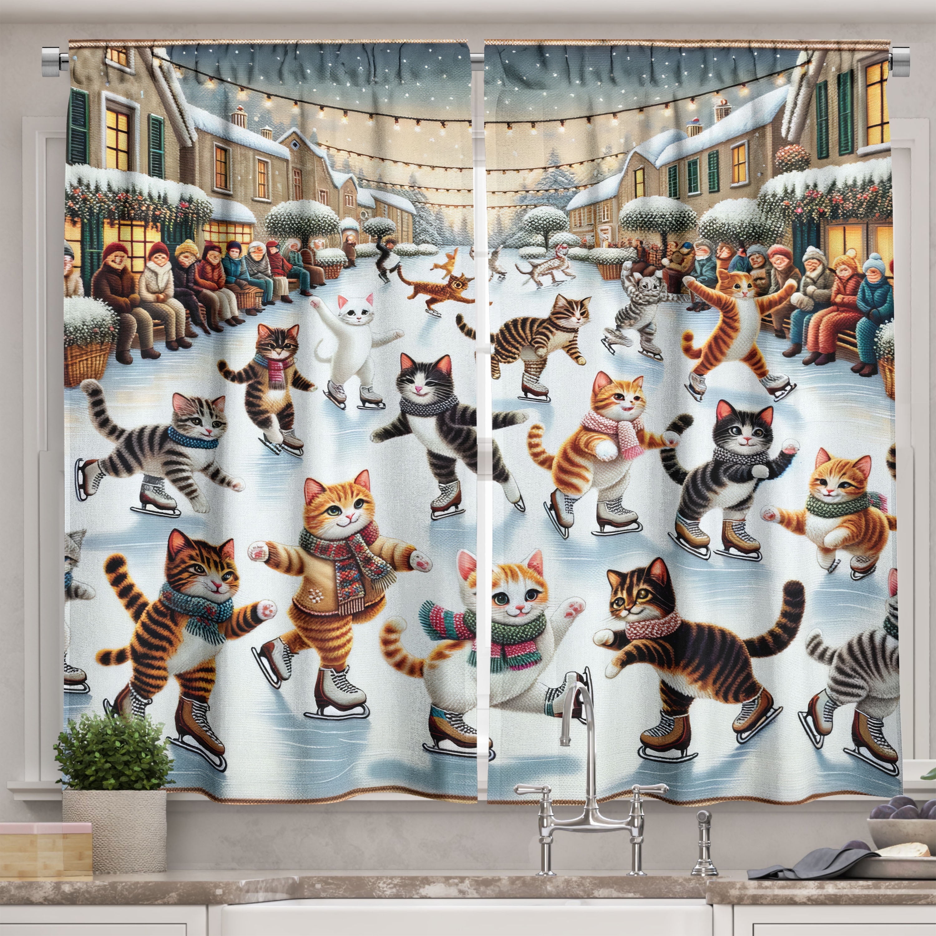 Ambesonne Cat Kitchen Curtains, Cheery Kitties Ice Skating Fun, 55"x39 ...