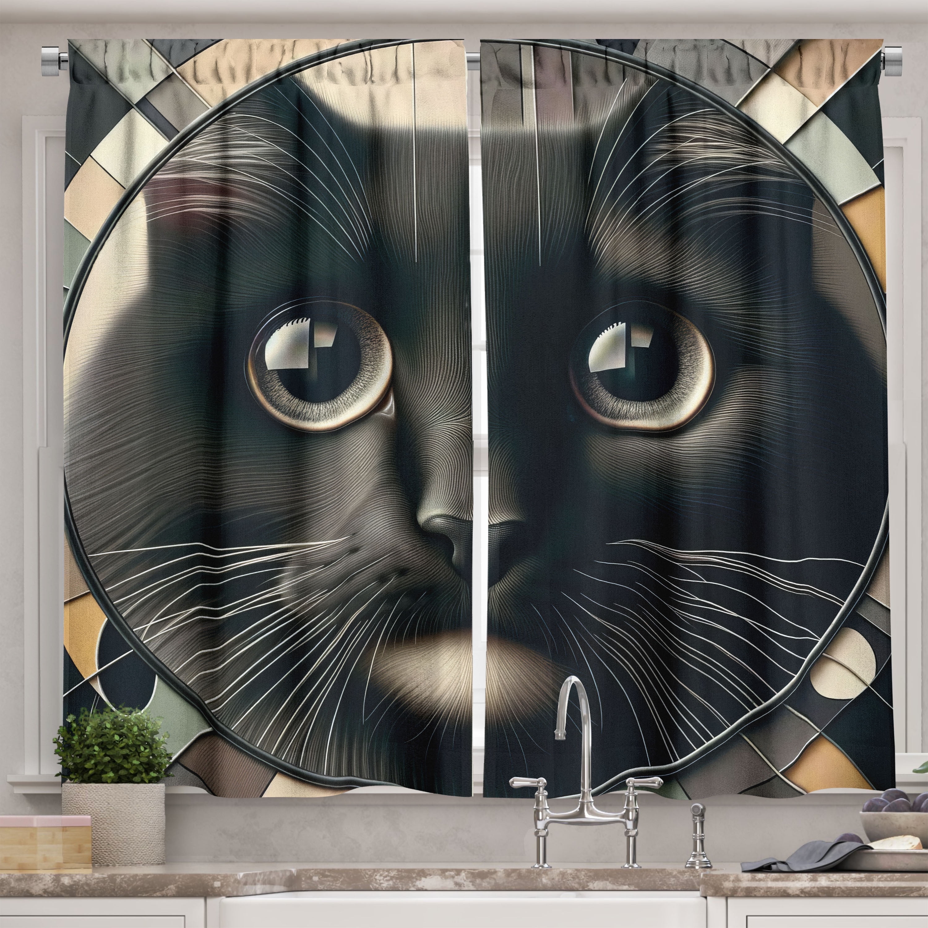 Ambesonne Cat Kitchen Curtains, Closeup Circle of a Black Kitty, 55"x45 ...