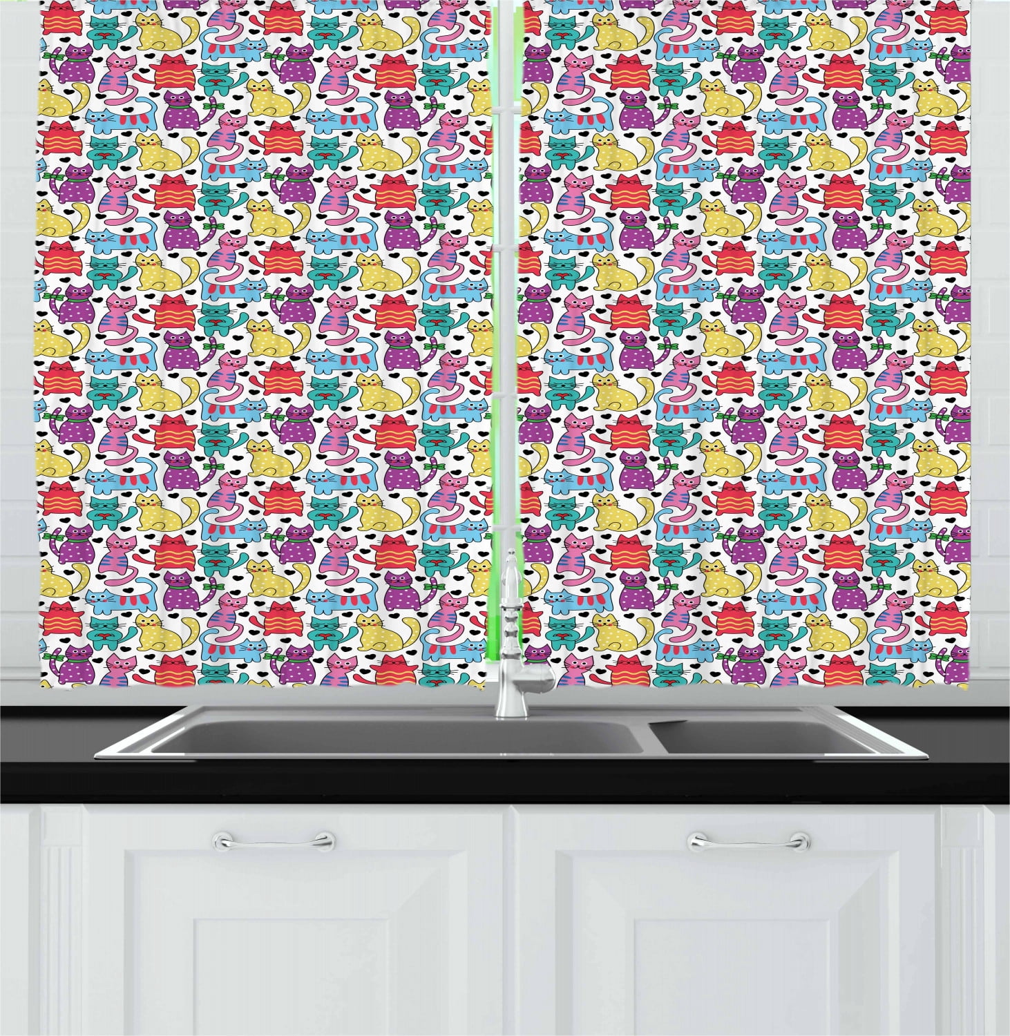 Ambesonne Cat Kitchen Curtains, Colorful Romantic Mascots, 55"x39 ...