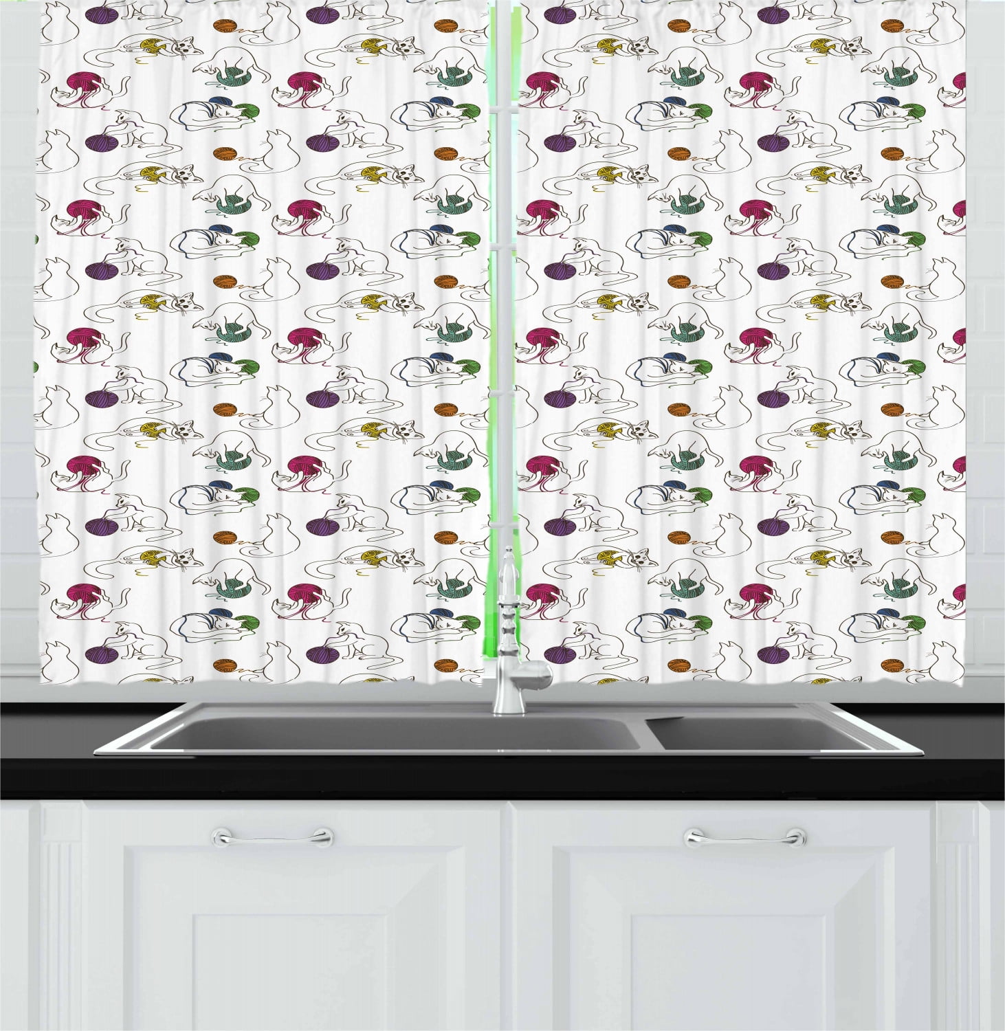 Ambesonne Cat Kitchen Curtains, Colorful Yarn Balls Pets, 55"x39 ...