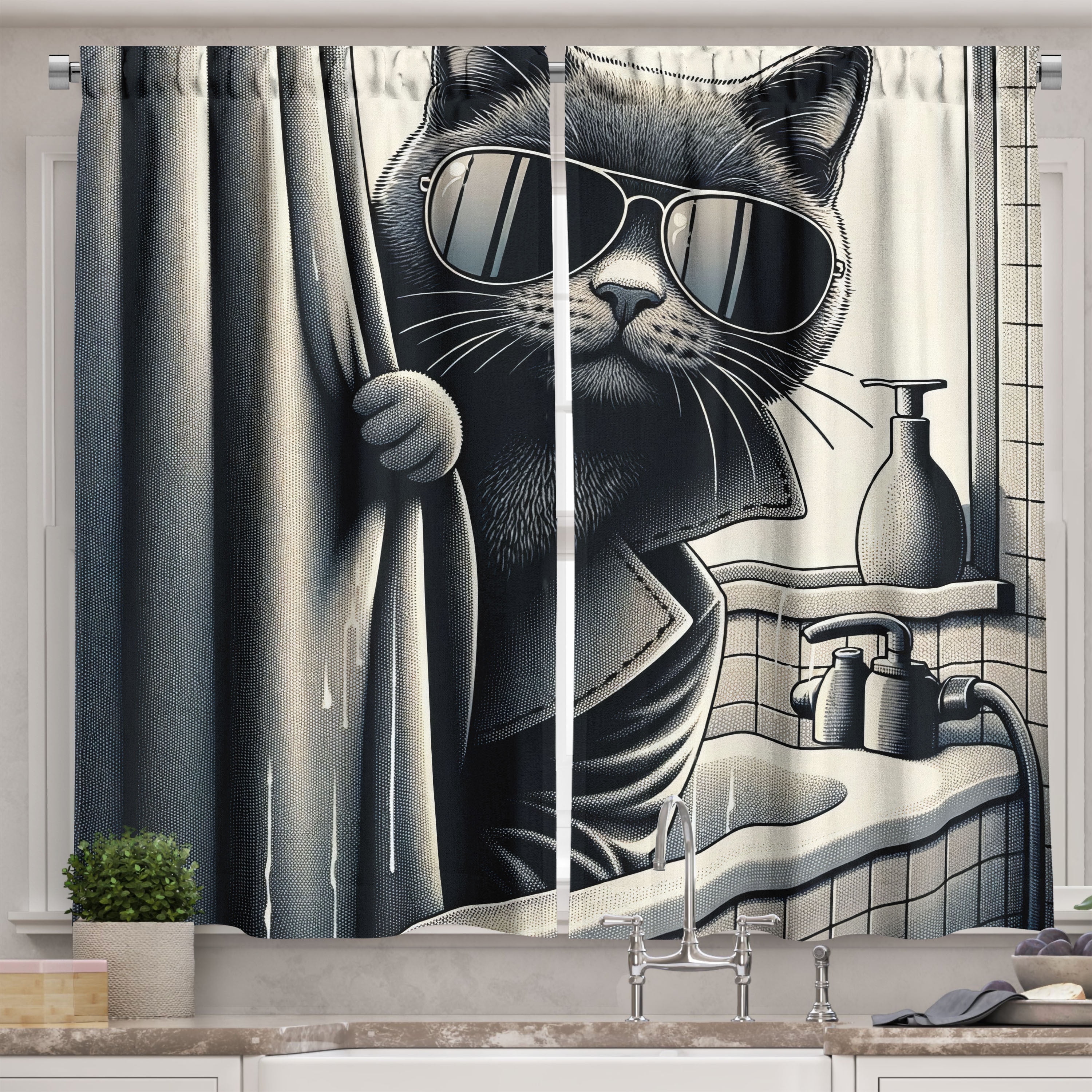 Ambesonne Cat Kitchen Curtains, Cool Detective Kitty Monochrome, 55"x45 ...