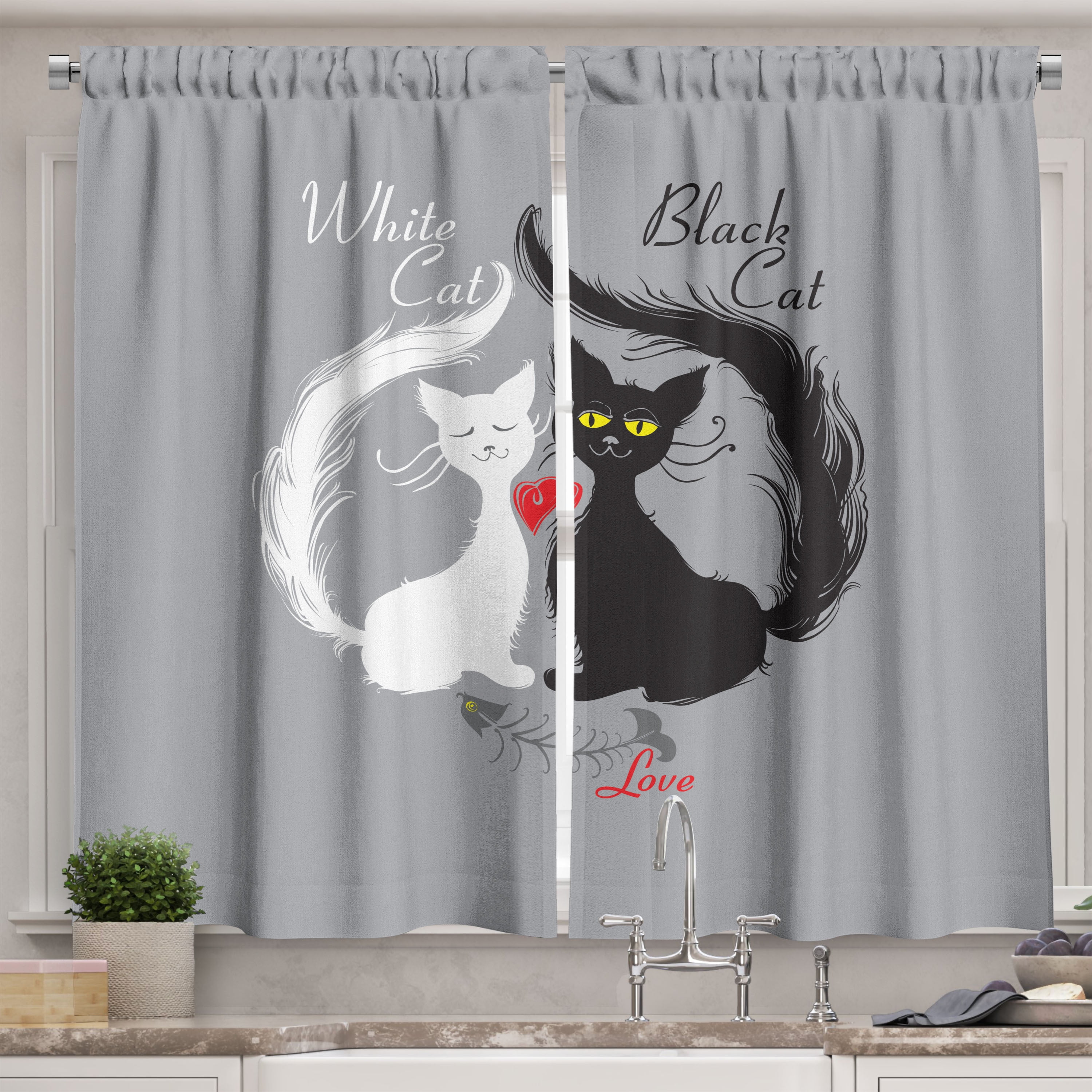 Ambesonne Cat Kitchen Curtains, Couple Fishbone, 55"x39", Black White ...