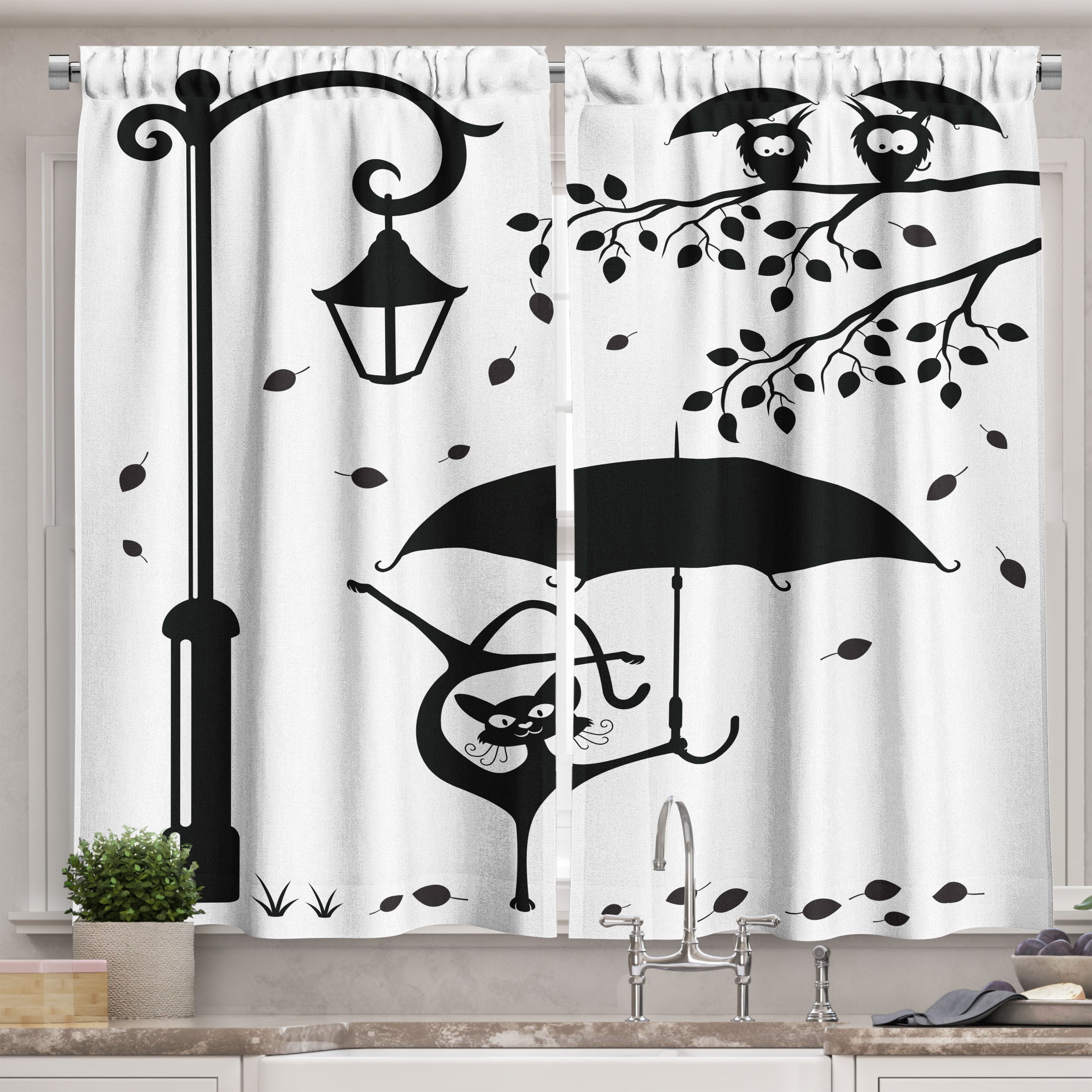 Ambesonne Cat Kitchen Curtains, Funny Kitty with Umbrella, 55"x39 ...