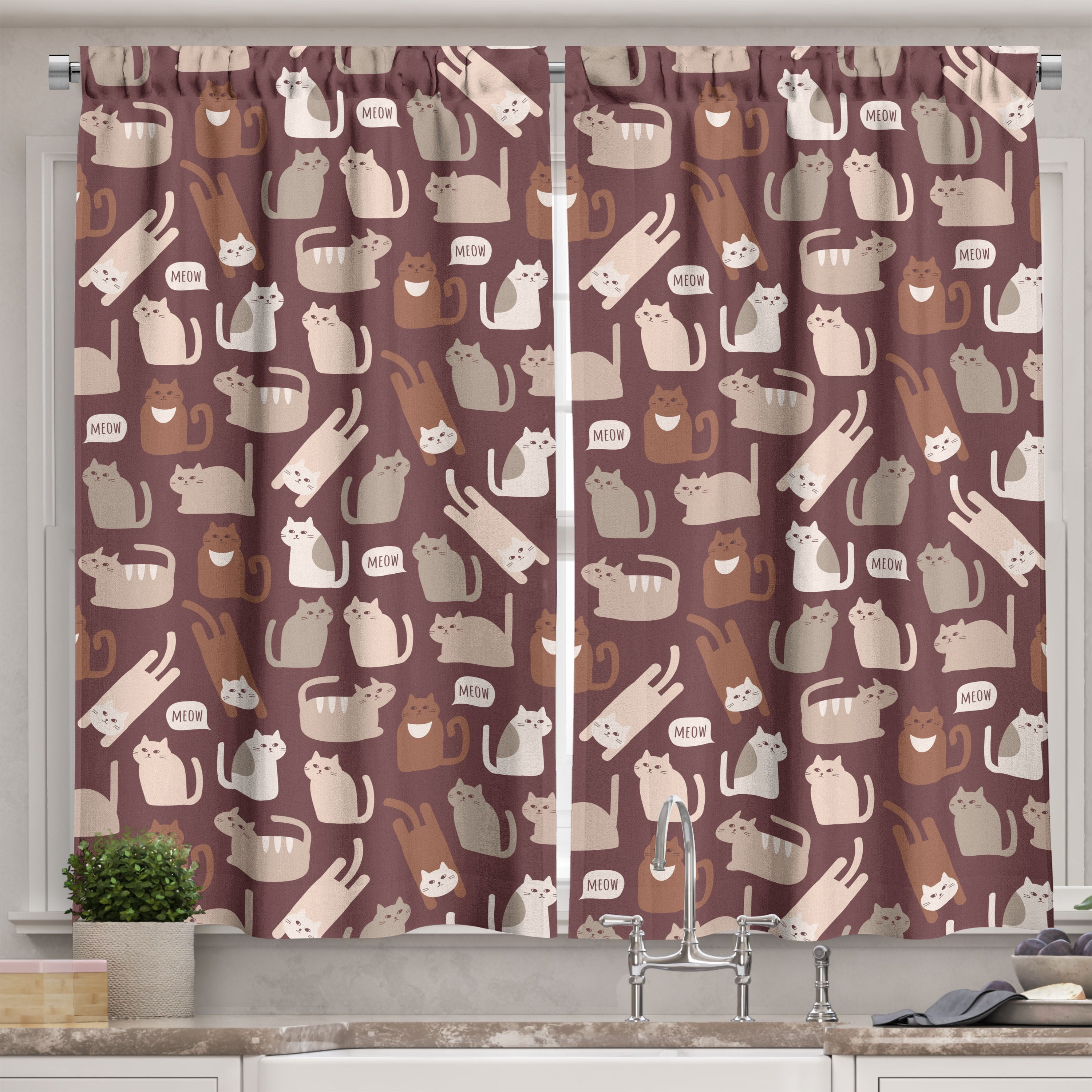 Ambesonne Cat Kitchen Curtains, Funny Little Kittens Meow, 55"x45 ...