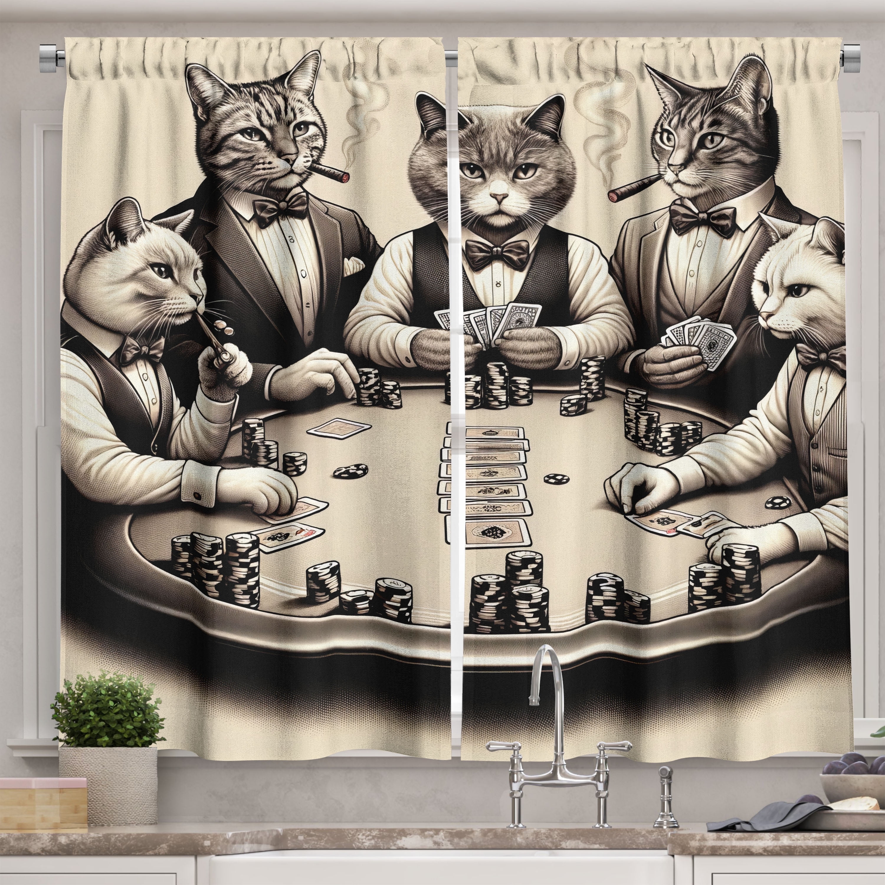 Ambesonne Cat Kitchen Curtains, Gentleman Kitties Playing Poker, 55"x30 ...