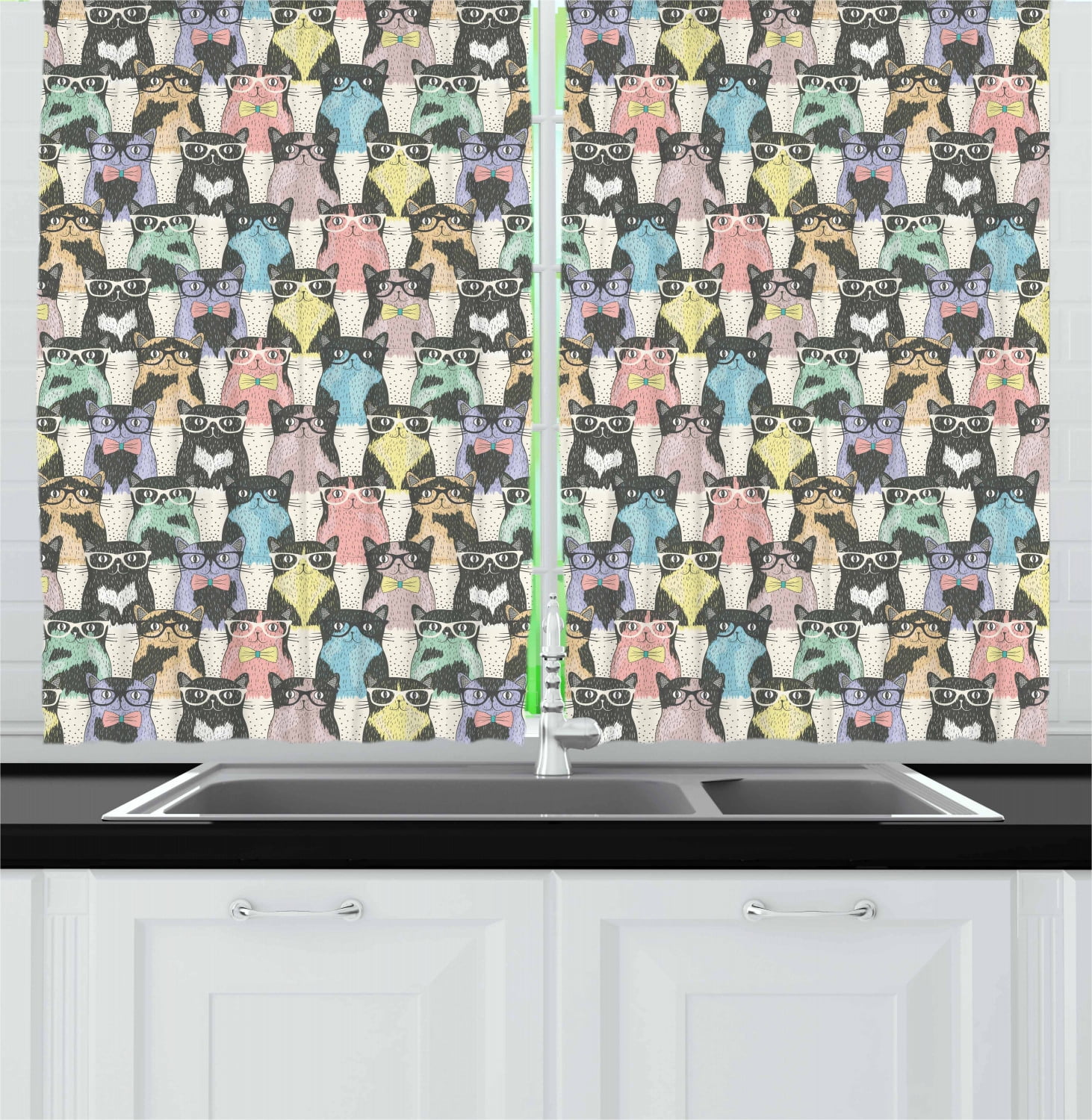 Ambesonne Cat Kitchen Curtains, Hipster Cats with Glasses, 55"x39 ...