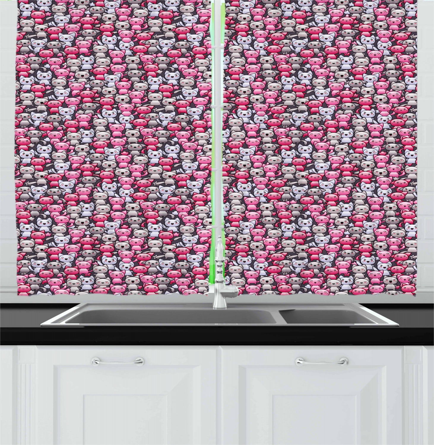 Ambesonne Cat Kitchen Curtains, Kawaii Doodle Humor, 55"x39", Pink Tan ...