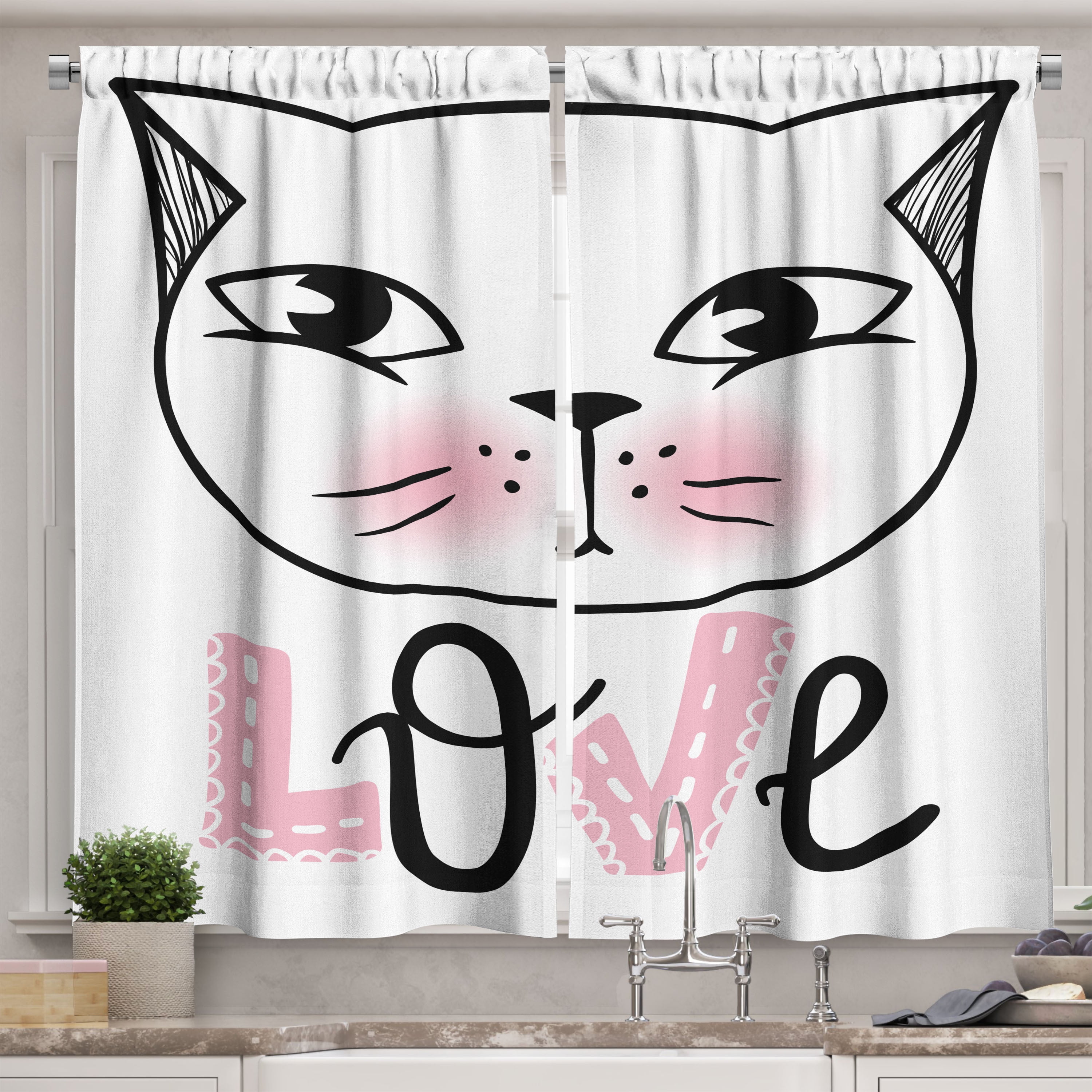Ambesonne Cat Kitchen Curtains, Kitten Face and Love Typography, 55"x45 ...