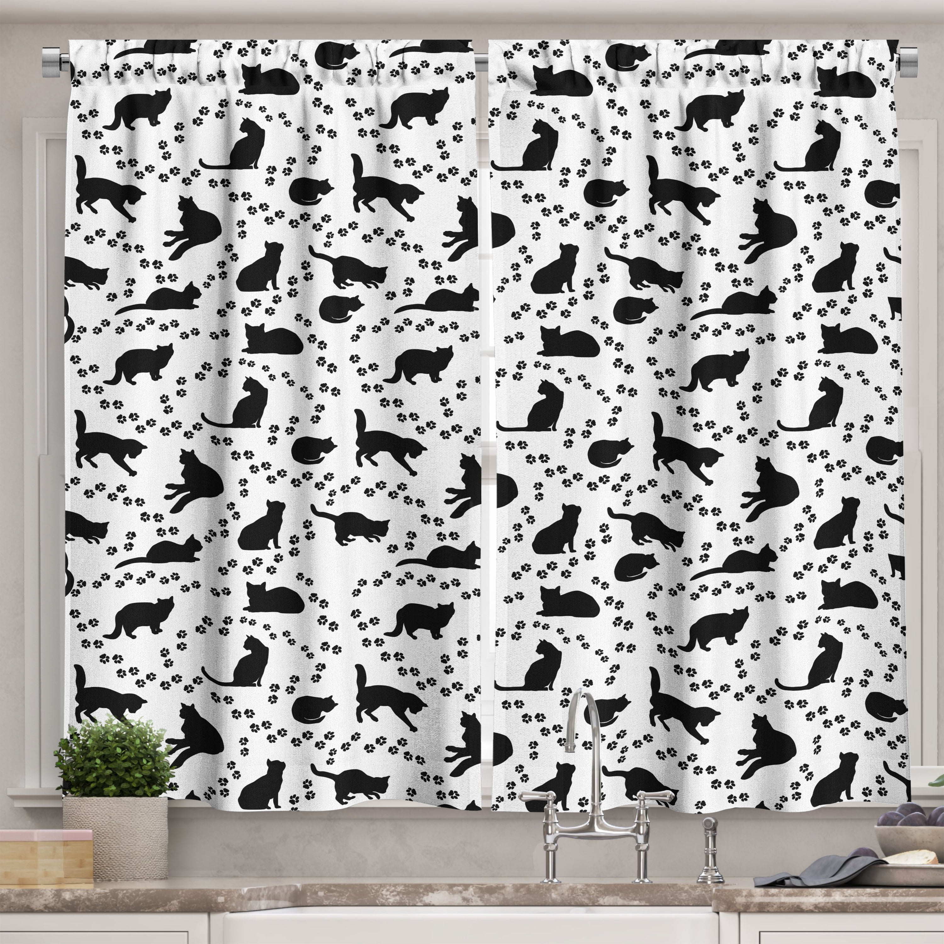 Ambesonne Cat Kitchen Curtains, Kittens Footprints Paws, 55"x39", Black ...