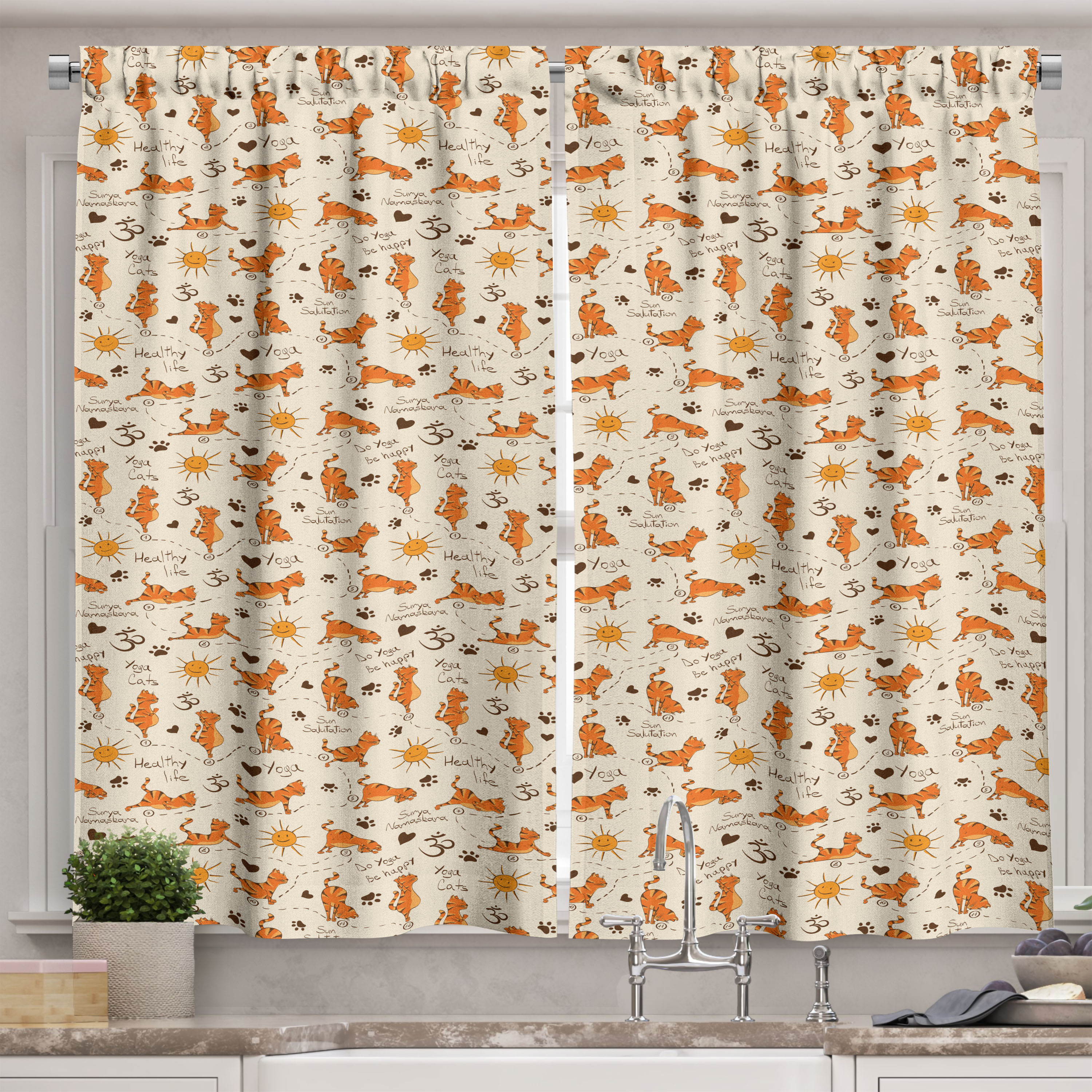 Ambesonne Cat Kitchen Curtains, Kitties Doing Yoga Paws, 55"x45", Cream ...
