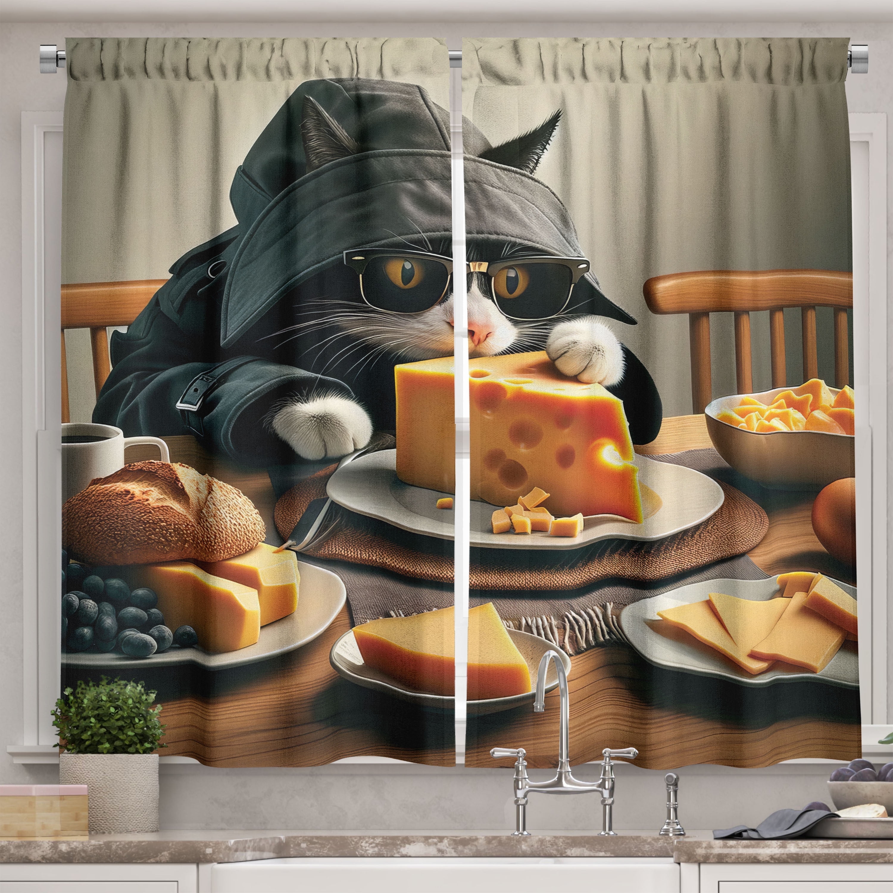 Ambesonne Cat Kitchen Curtains, Kitty Having Feast with Cheese, 55"x36 ...