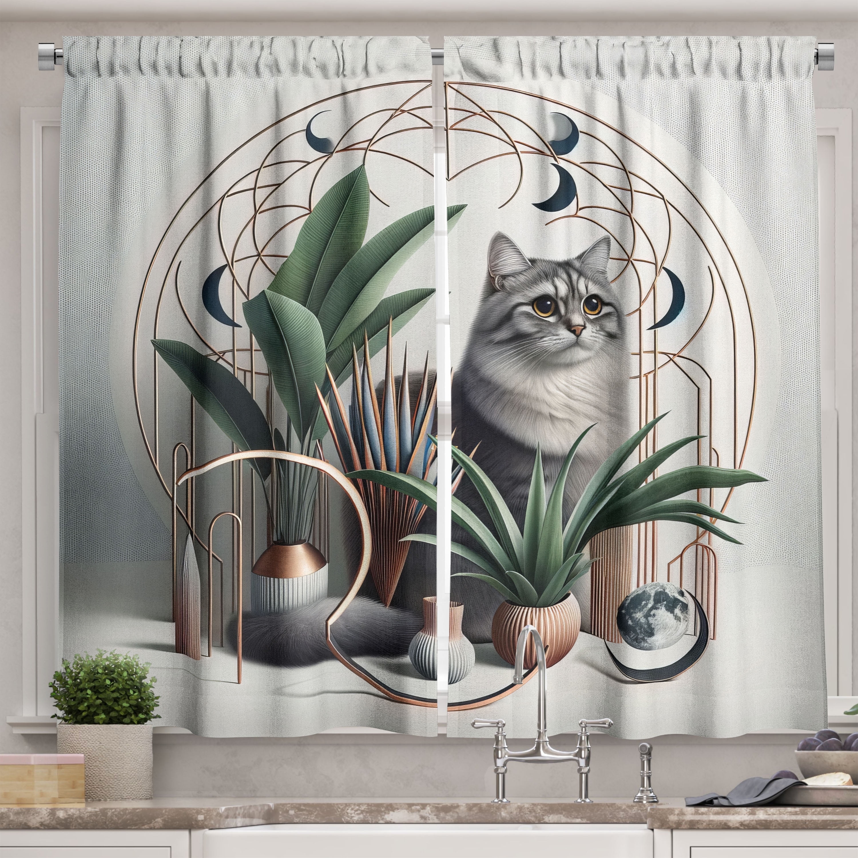 Ambesonne Cat Kitchen Curtains, Kitty in a Noble Pose Bohemian, 55"x36 ...