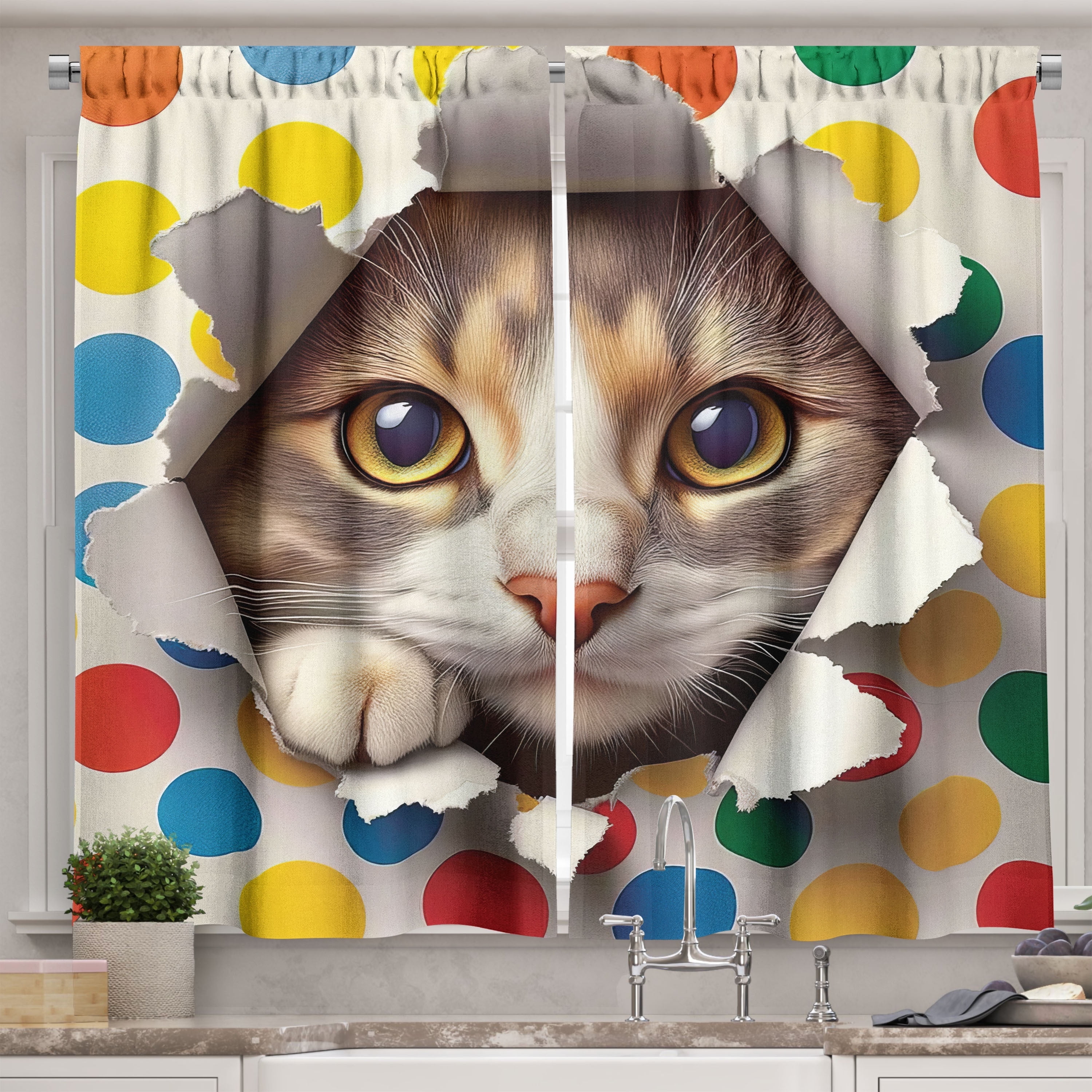 Ambesonne Cat Kitchen Curtains, Mischief Kitty Peaking Dots, 55"x30 ...