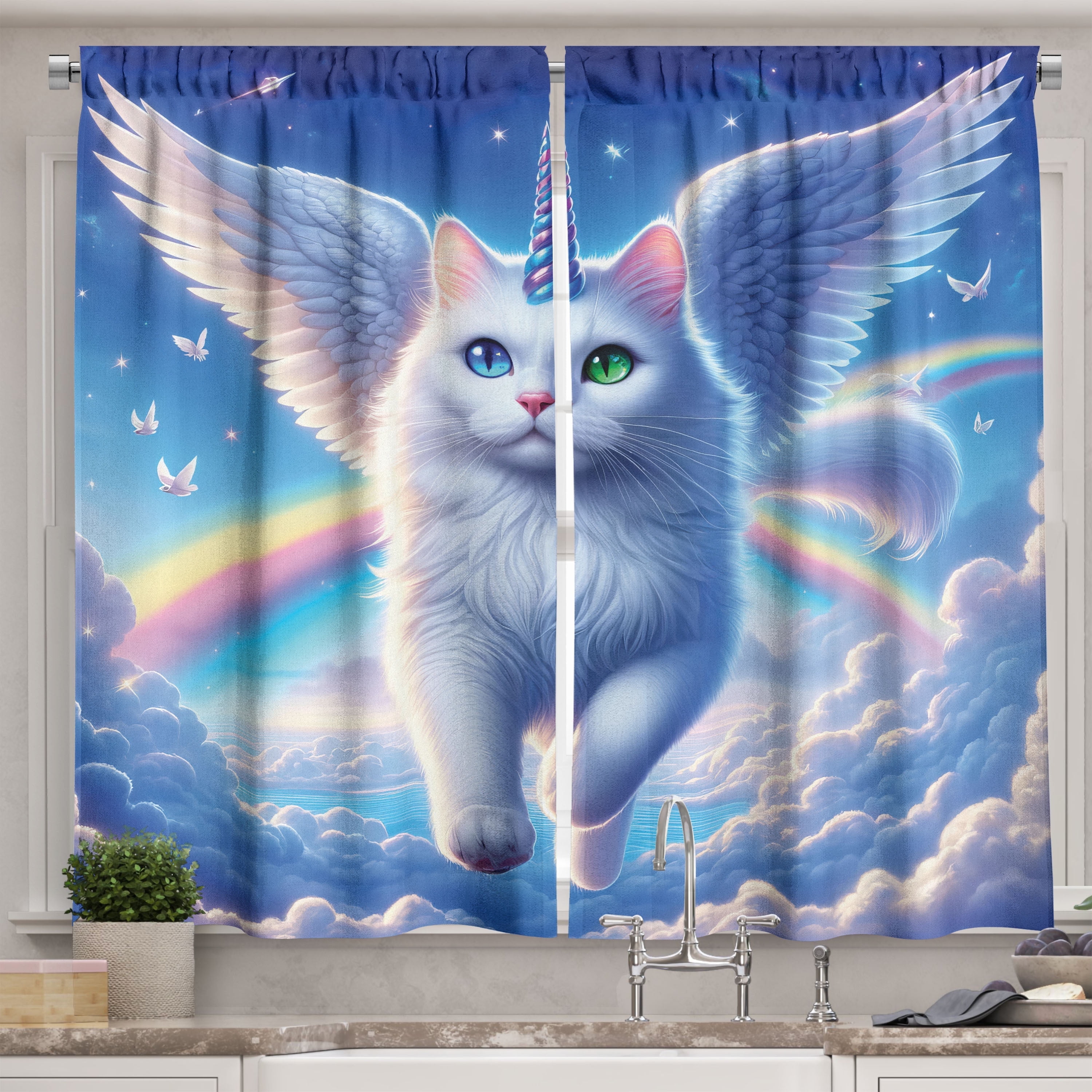 Ambesonne Cat Kitchen Curtains, Pegasus Kitty Flies Clouds Sky, 55"x36 ...