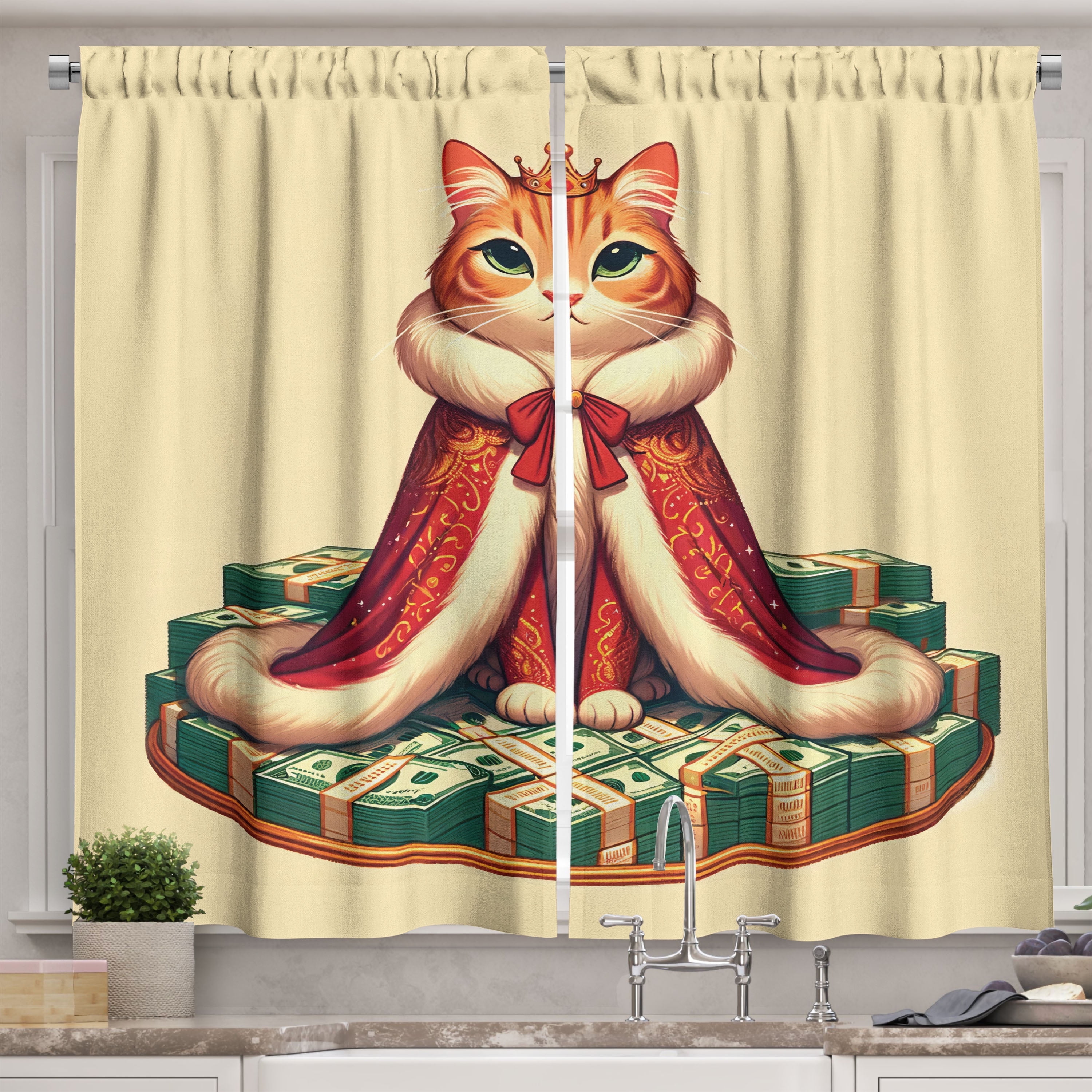 Ambesonne Cat Kitchen Curtains, Queen Kitty Character on Money, 55"x45 ...