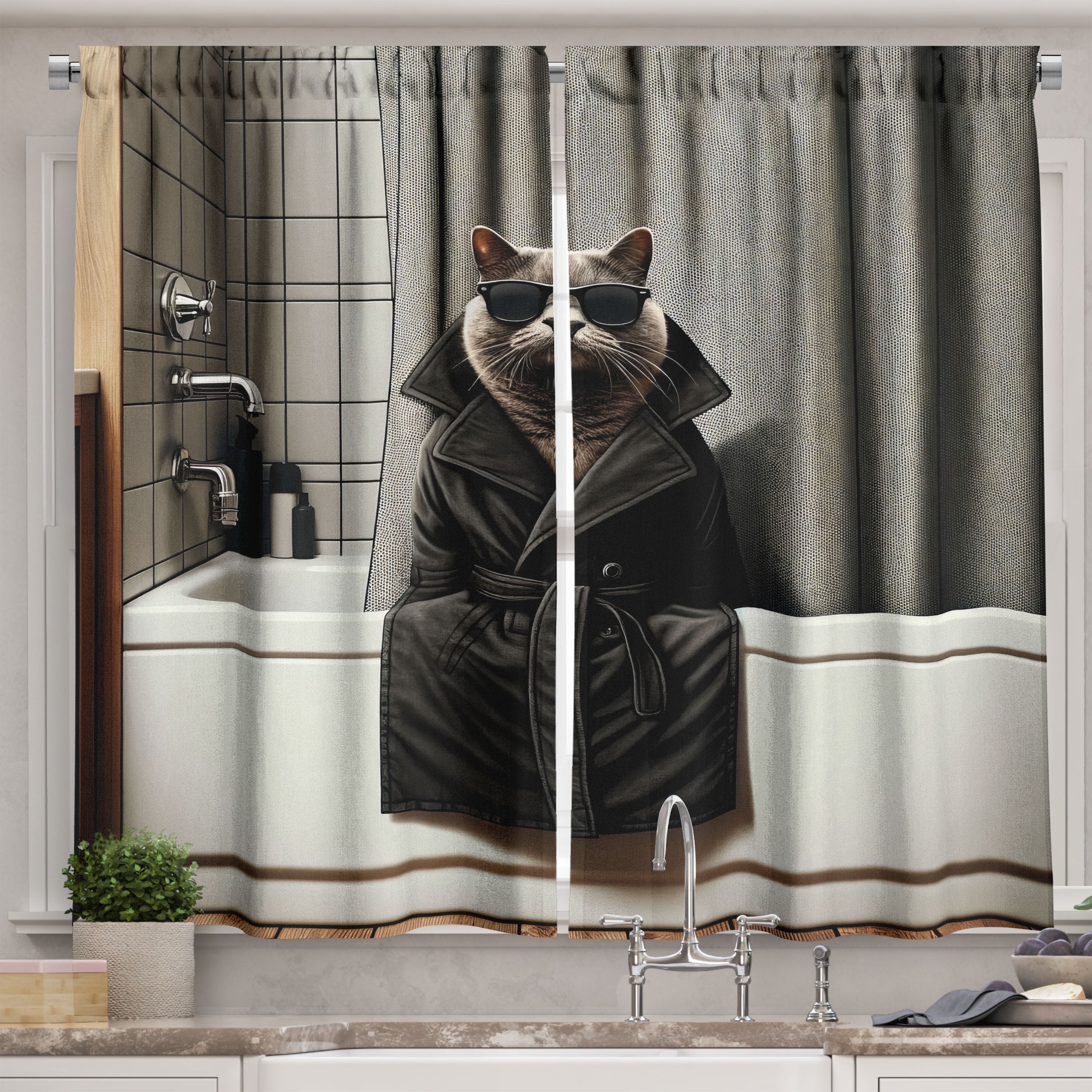 Ambesonne Cat Kitchen Curtains, Realistic Cool Kitty Mysterious, 55"x36 ...