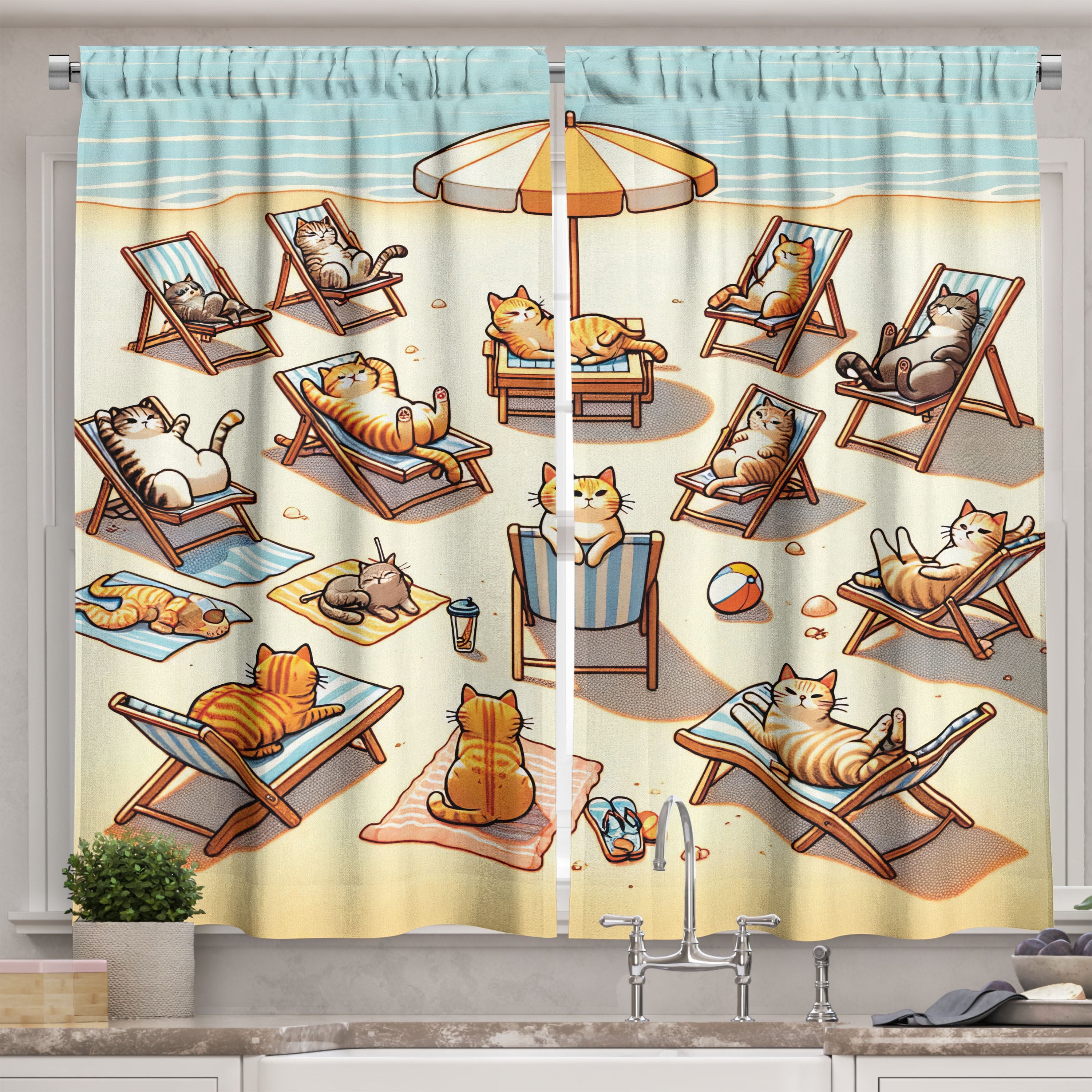 Ambesonne Cat Kitchen Curtains, Summer Kittens Sandy Beach Fun, 55"x39 ...