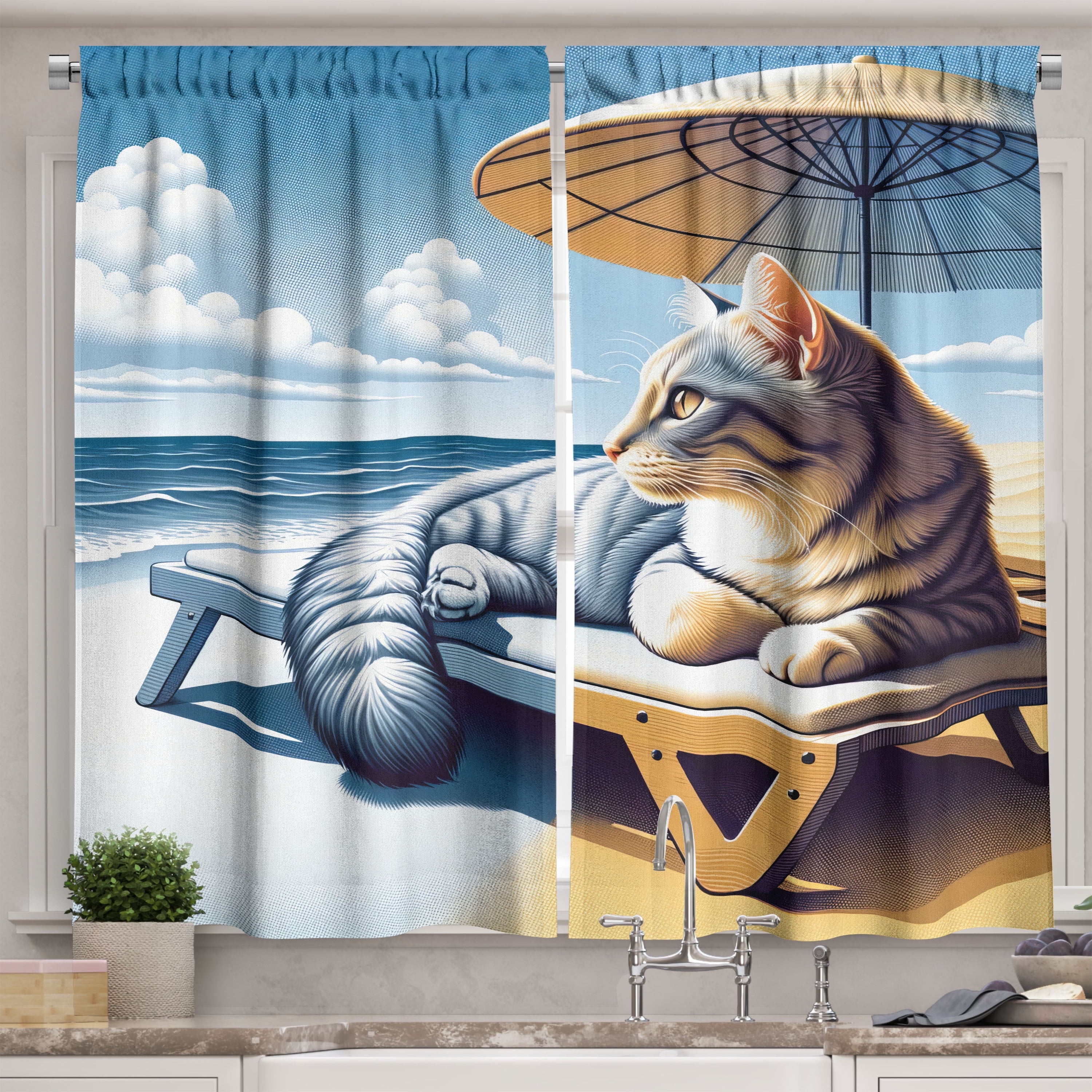 Ambesonne Cat Kitchen Curtains, Sunbathing Kitten Seaside Shore, 55"x36 ...