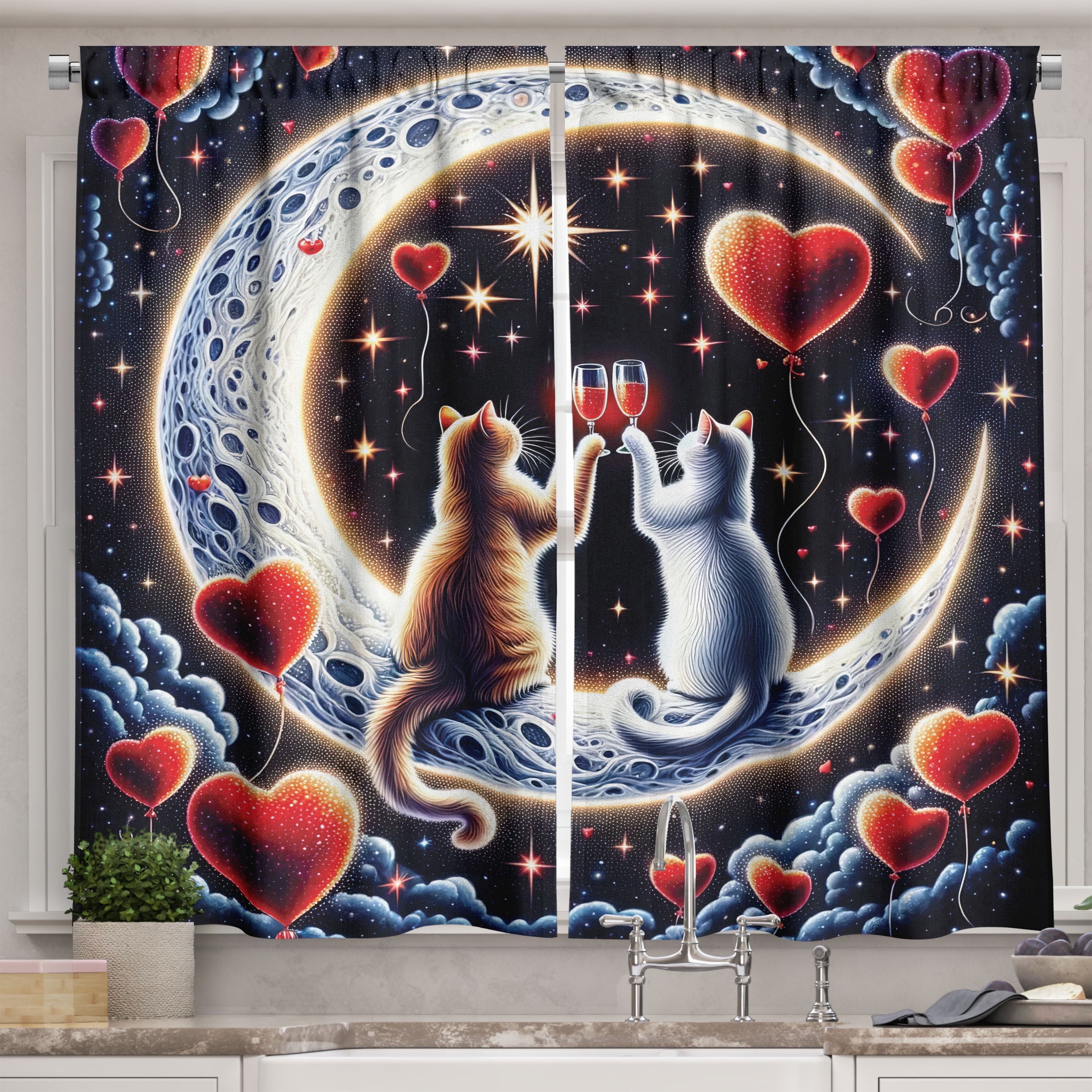 Ambesonne Cat Kitchen Curtains, Toasting Kitty Couple Moon Star, 55"x36 ...