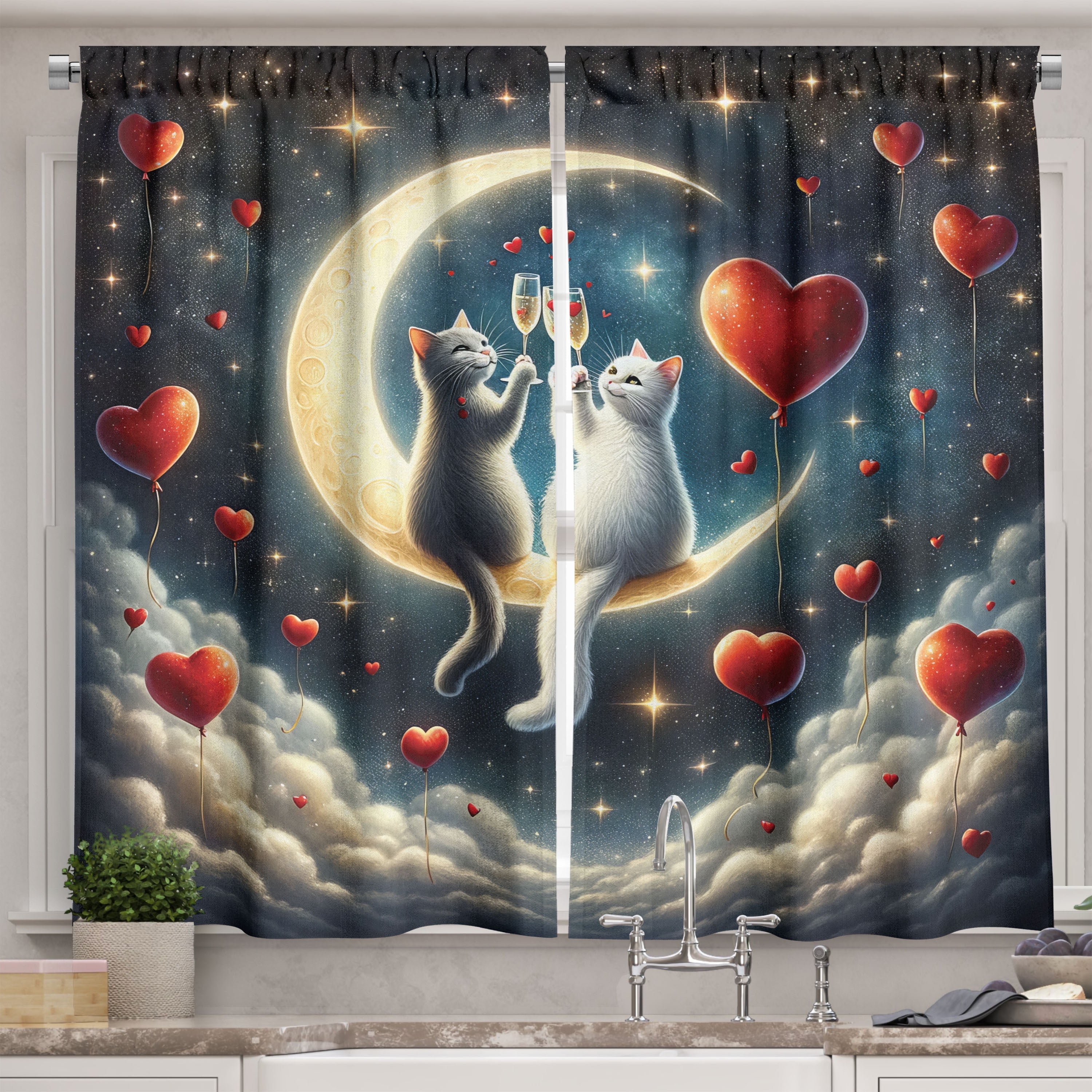 Ambesonne Cat Kitchen Curtains, Toasting Romantic Moon Hearts, 55"x36 ...