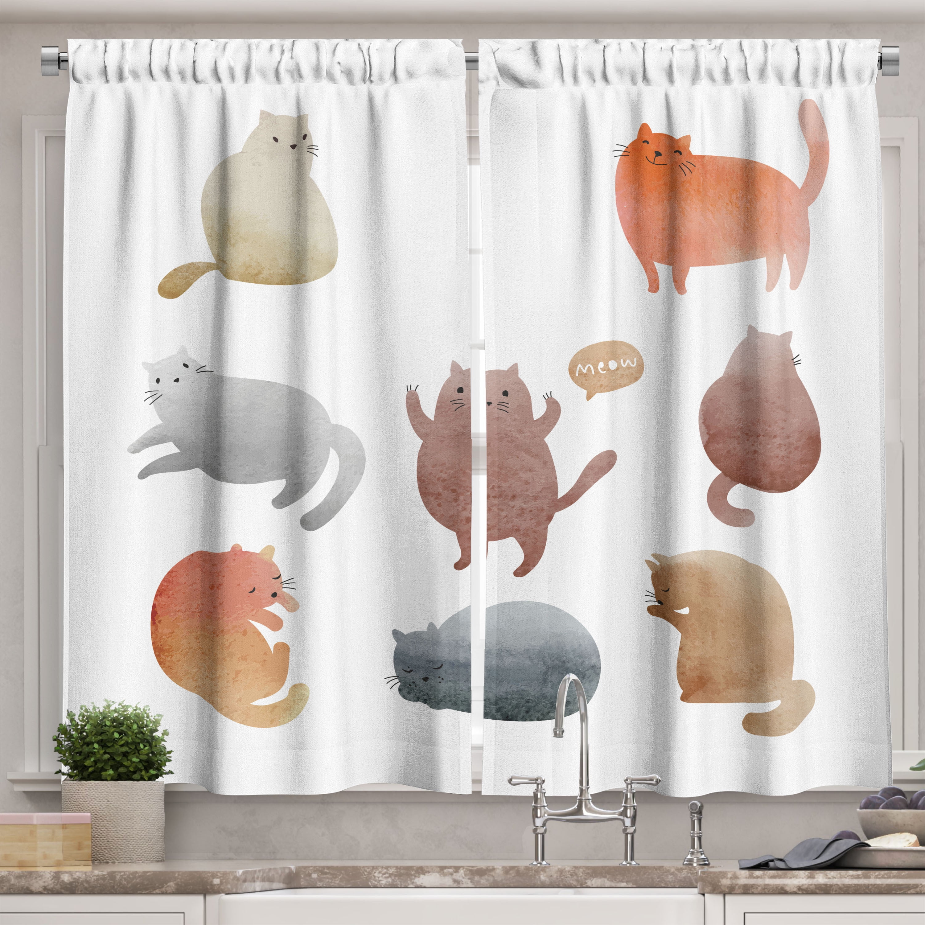 Ambesonne Cat Kitchen Curtains, Watercolor Kitties Pet, 55"x39 ...