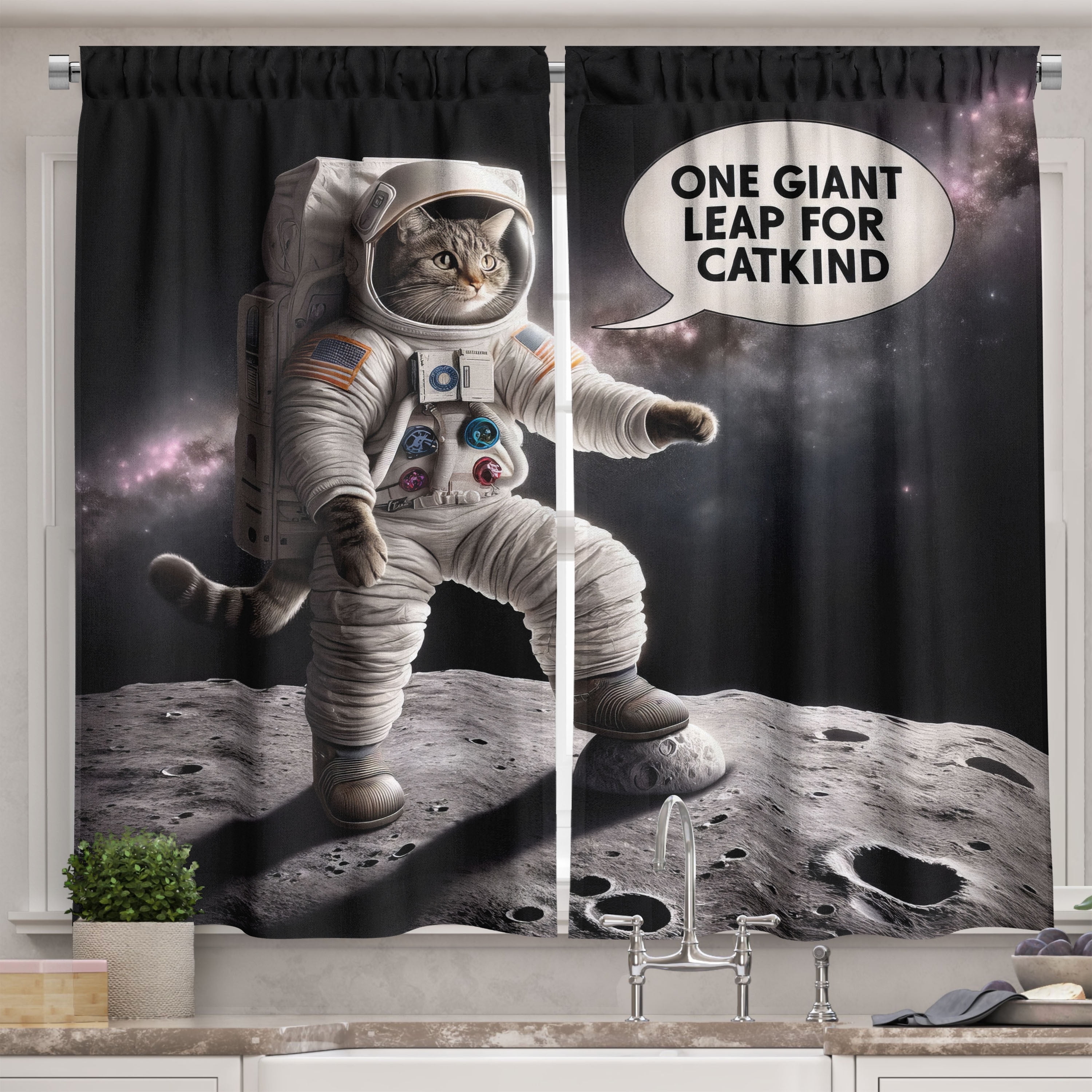 Ambesonne Cat Kitchen Curtains, Whimsical Astronaut Kitty Moon, 55"x45 ...