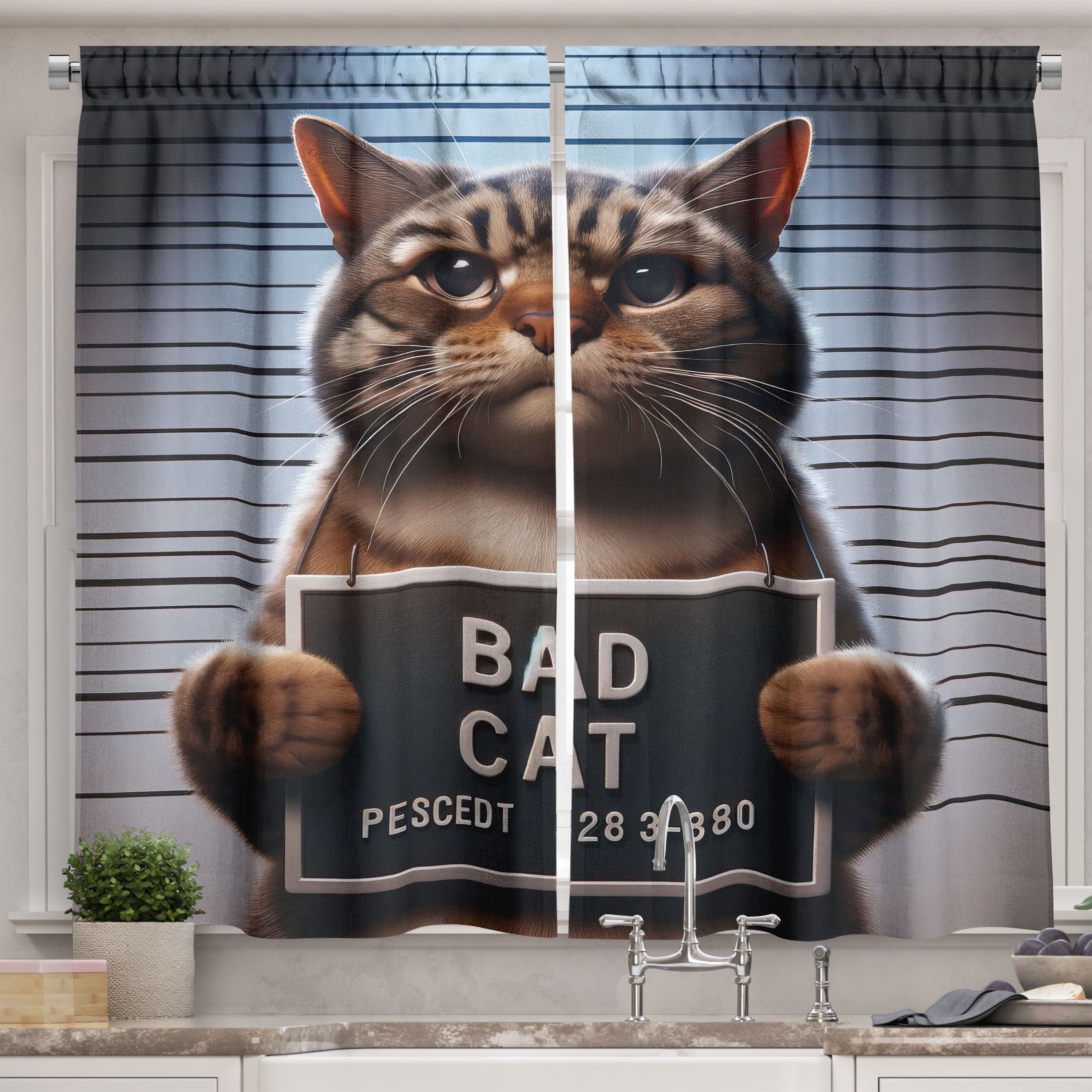 Ambesonne Cat Kitchen Curtains, Whimsical Bad Kitty Mug Shot, 55"x24 ...