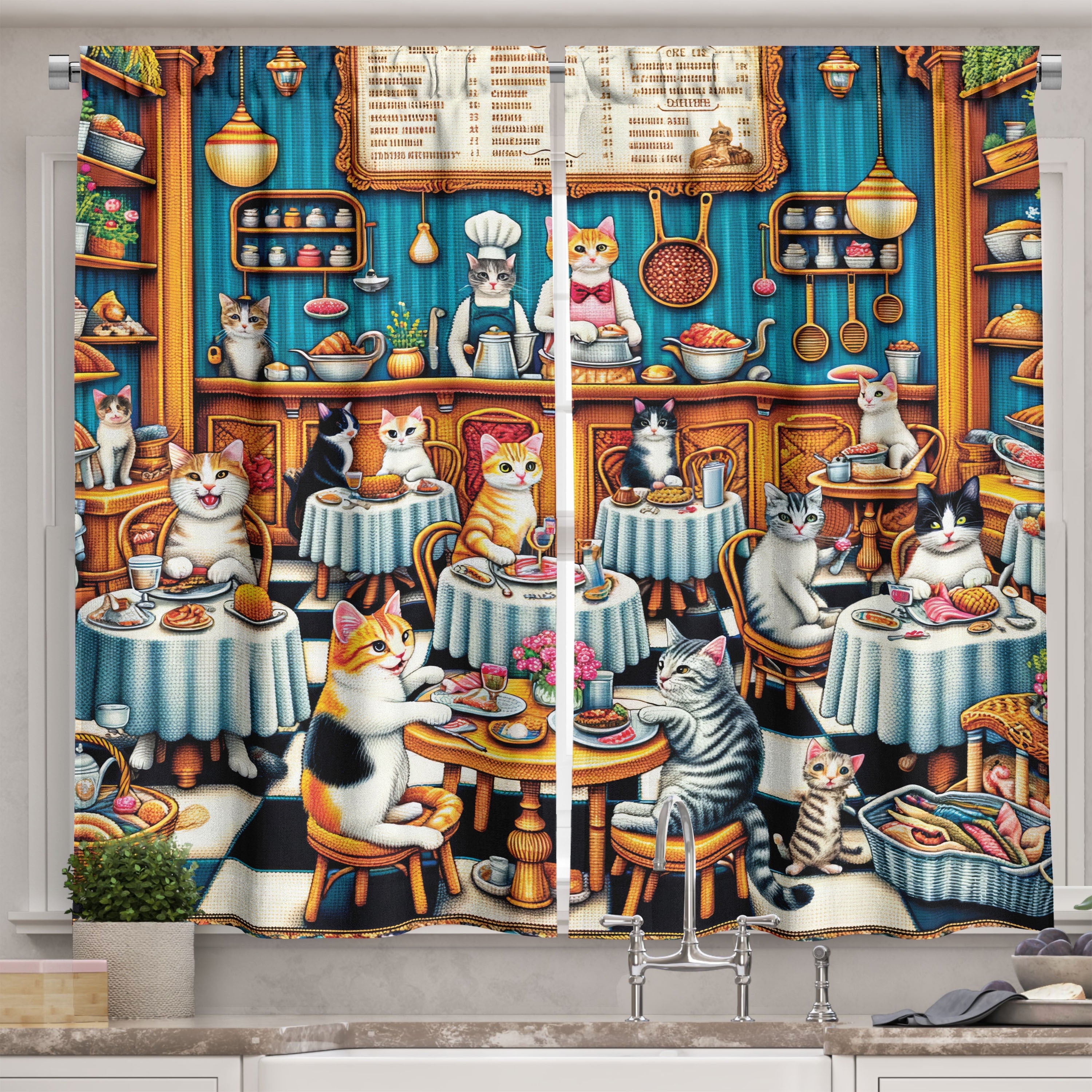 Ambesonne Cat Kitchen Curtains, Whimsical Restaurant Pixel Art, 55"x30 ...