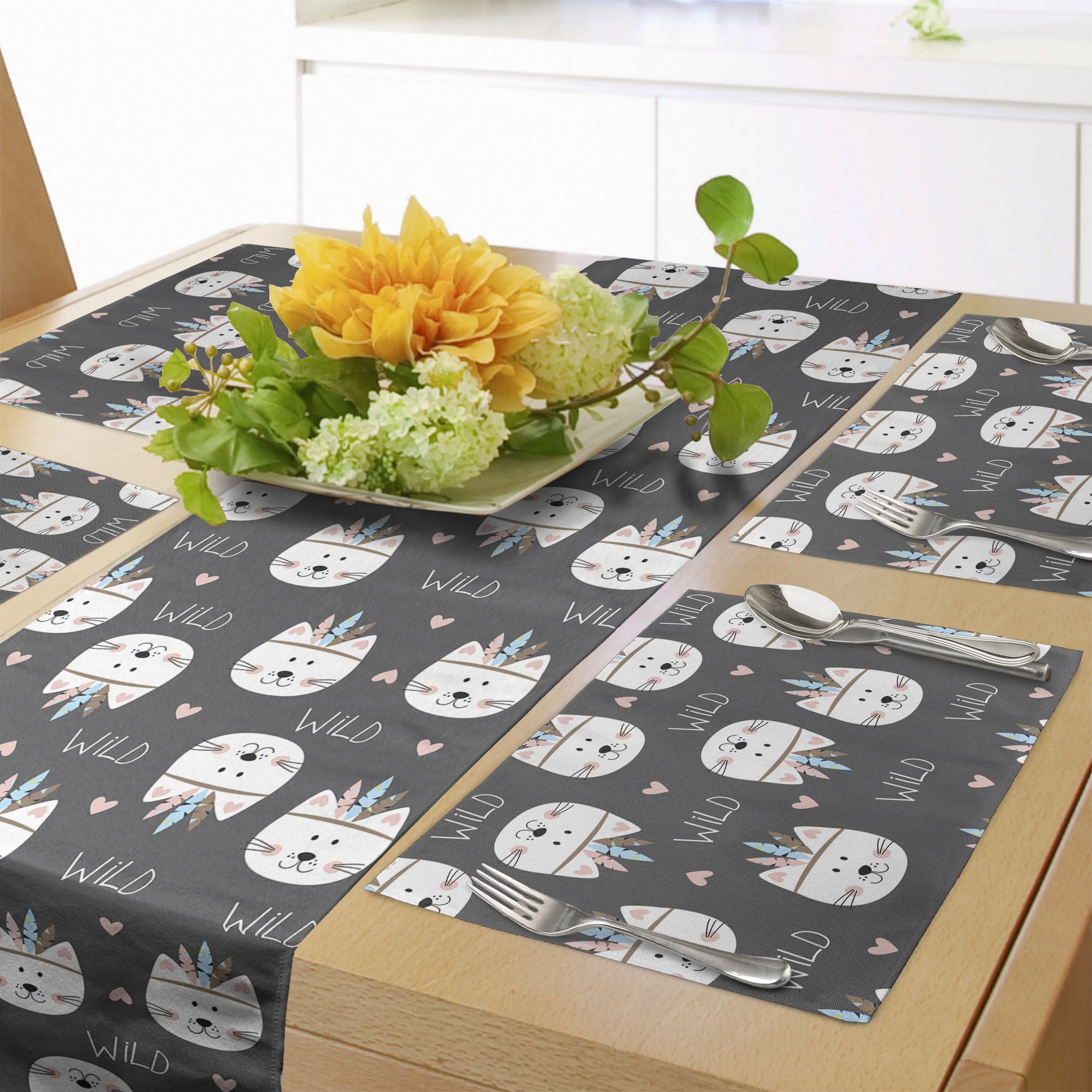 Ambesonne Cat Lover Table Runner & Placemats, Native Tribal Cats ...